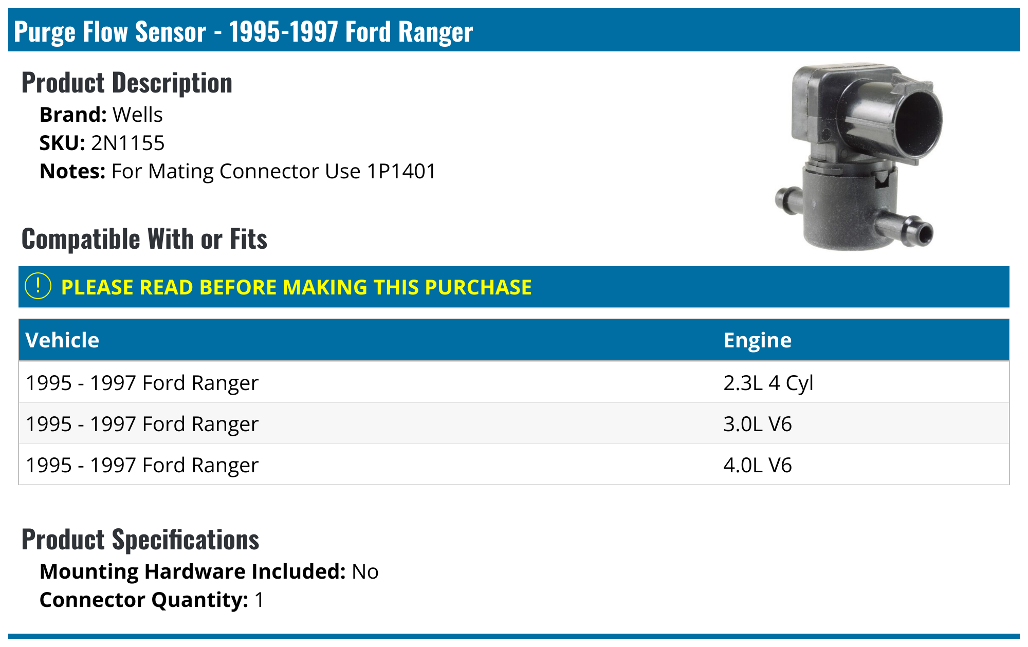 1995-1997 Ford Ranger Purge Flow Sensor - Wells 2N1155 - PartsGeek.com