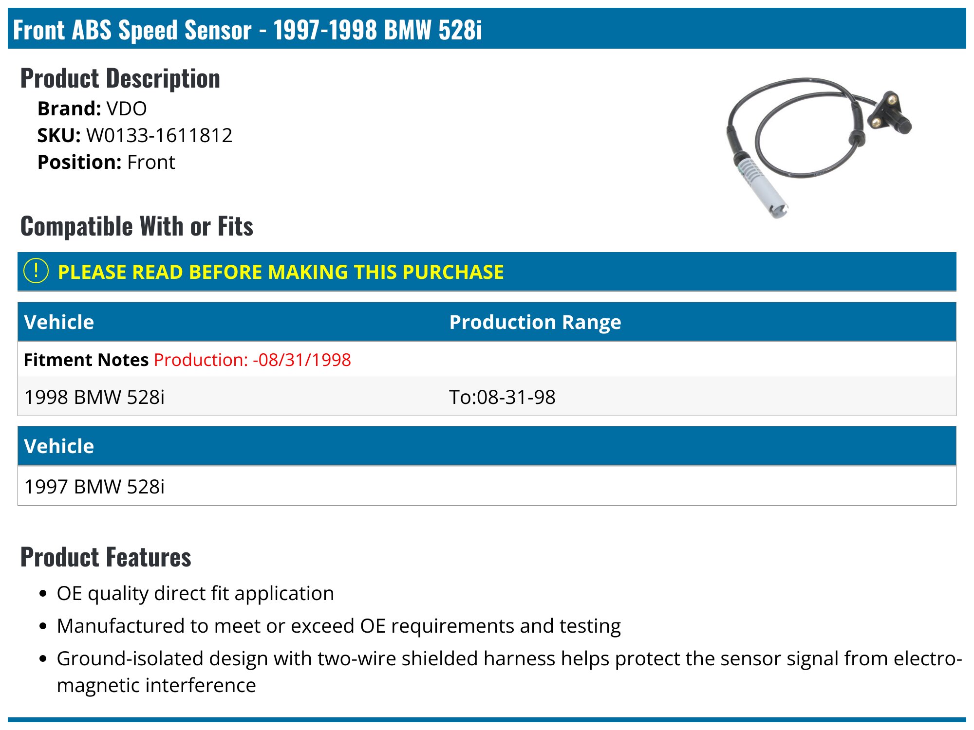 1997-1998 BMW 528i ABS Speed Sensor - VDO W0133-1611812 - Front ...