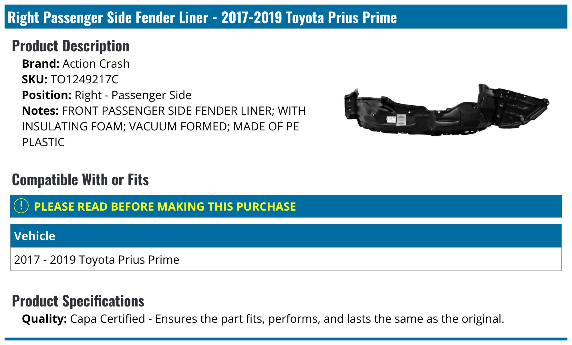 2017-2019 Toyota Prius Prime Fender Liner - Action Crash TO1249217C ...