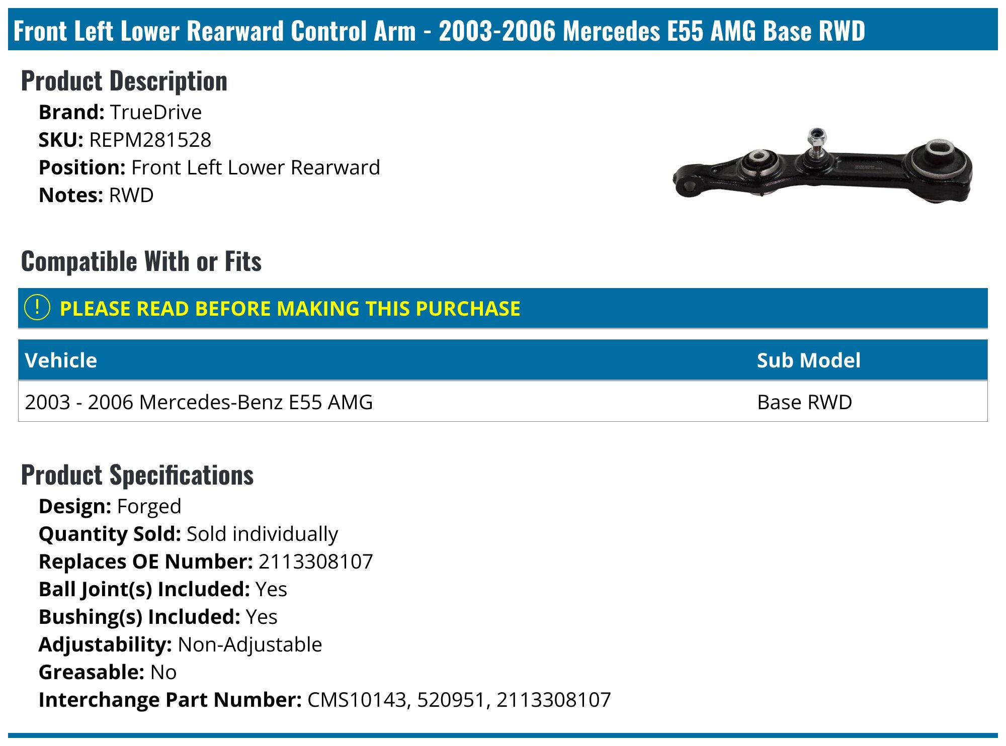 2003-2006 Mercedes E55 AMG Control Arm - TrueDrive REPM281528 - Front ...