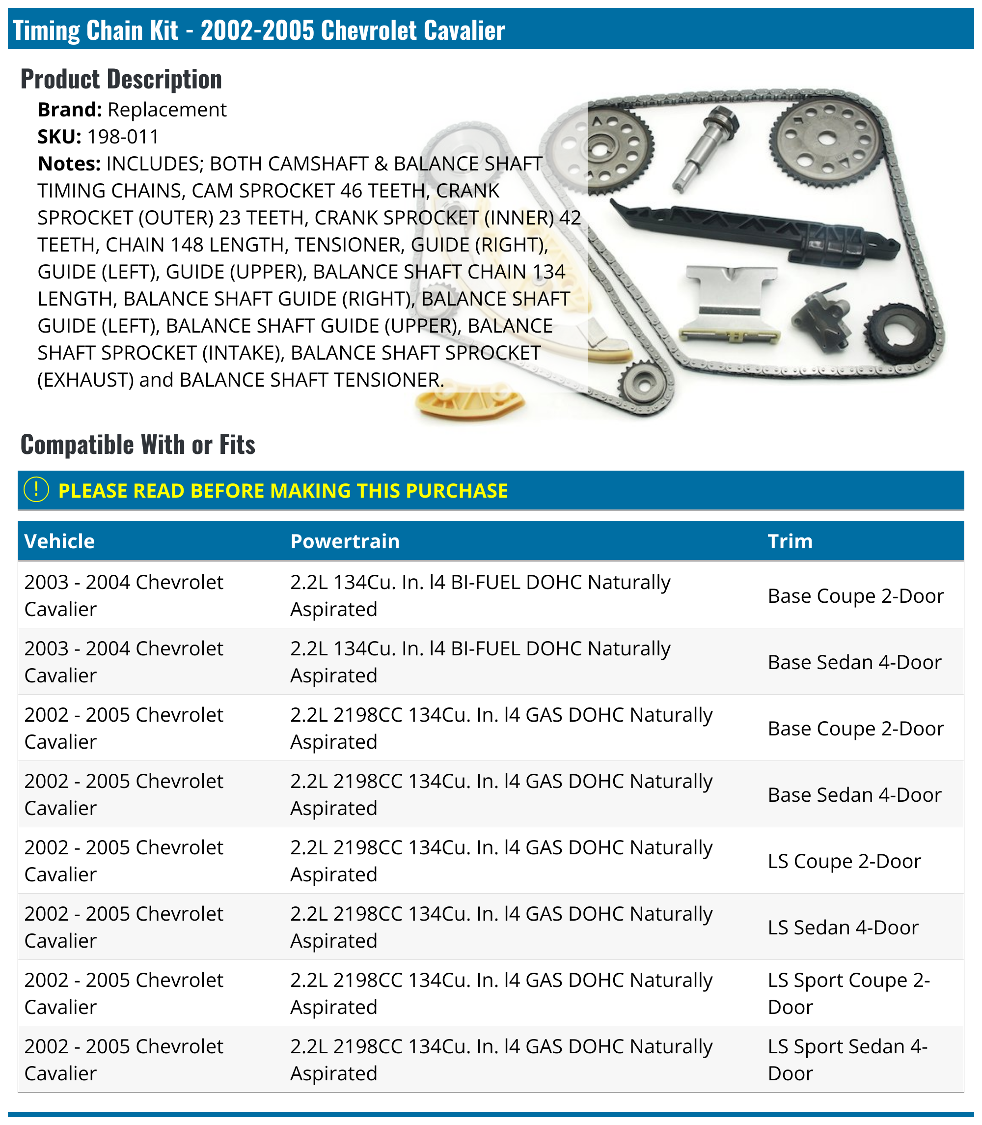 2002-2005 Chevrolet Cavalier Timing Chain - Replacement 198-011 ...