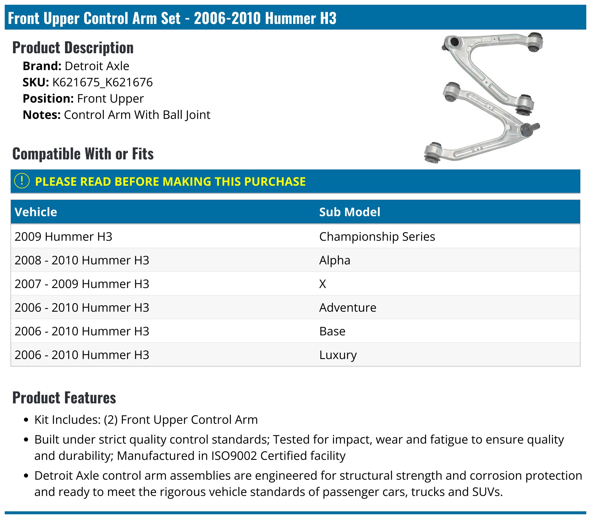 2006-2010 Hummer H3 Control Arm - Detroit Axle K621675_K621676 - Front ...