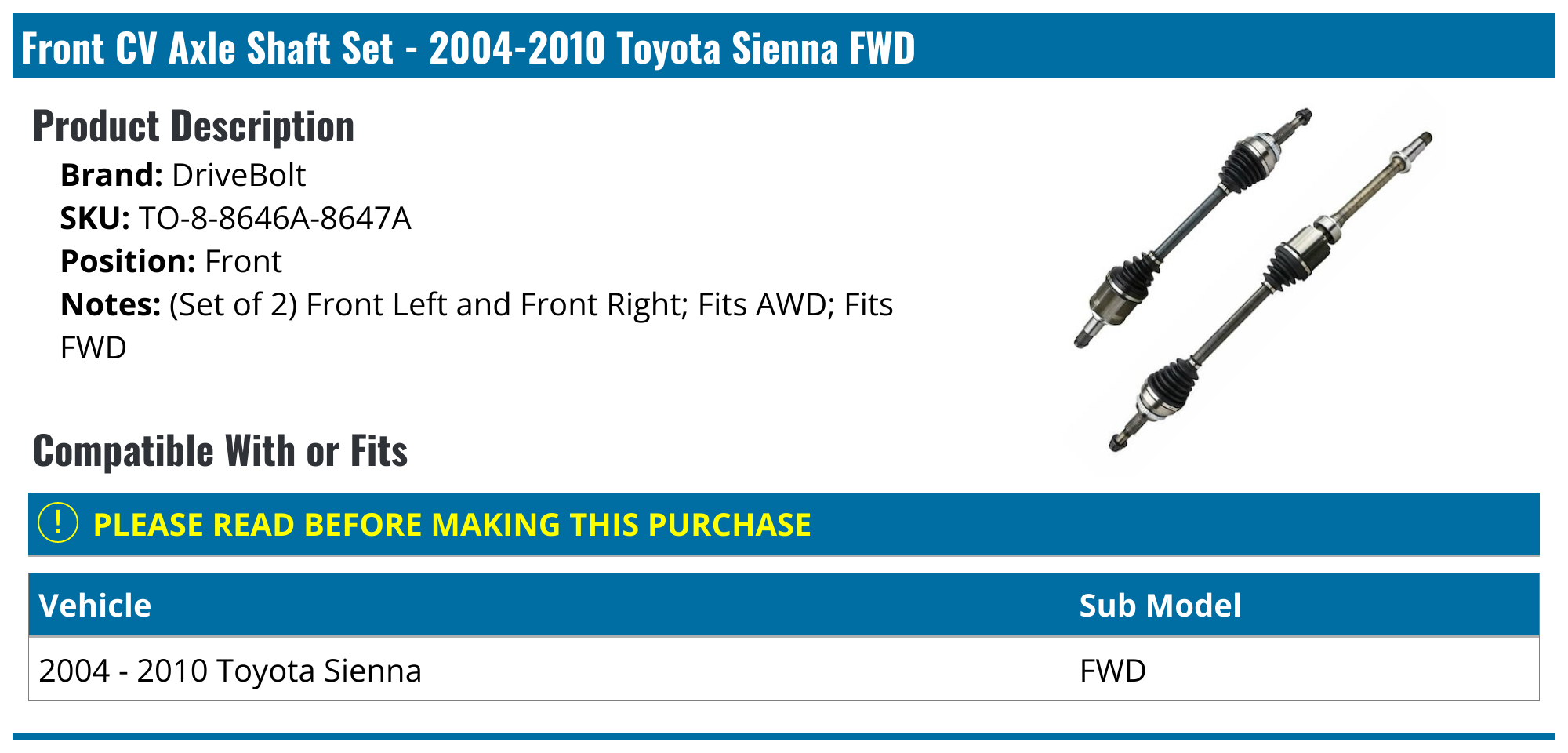 2004-2010 Toyota Sienna Axle Assembly - DriveBolt TO-8-8646A-8647A ...