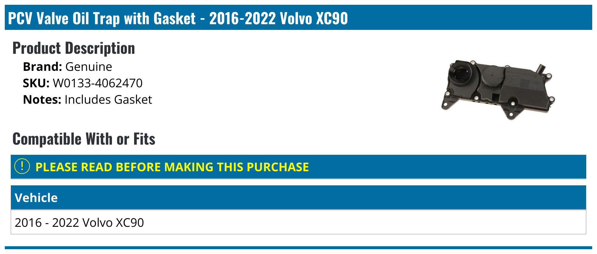 2016-2025 Volvo XC90 PCV Valve Oil Trap - Genuine W0133-4062470 ...