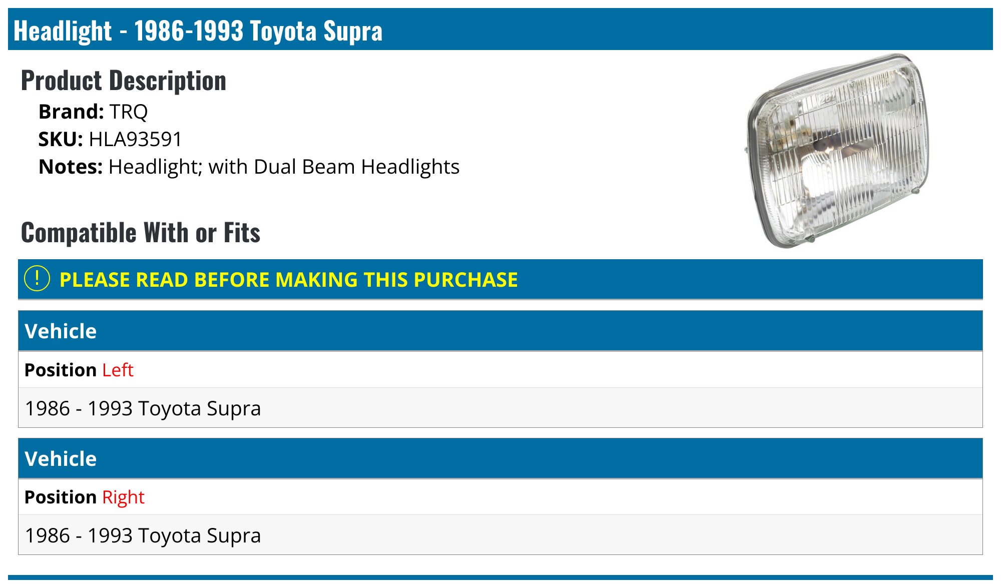 1986-1993 Toyota Supra Headlight Assembly - TRQ HLA93591 - Left ...