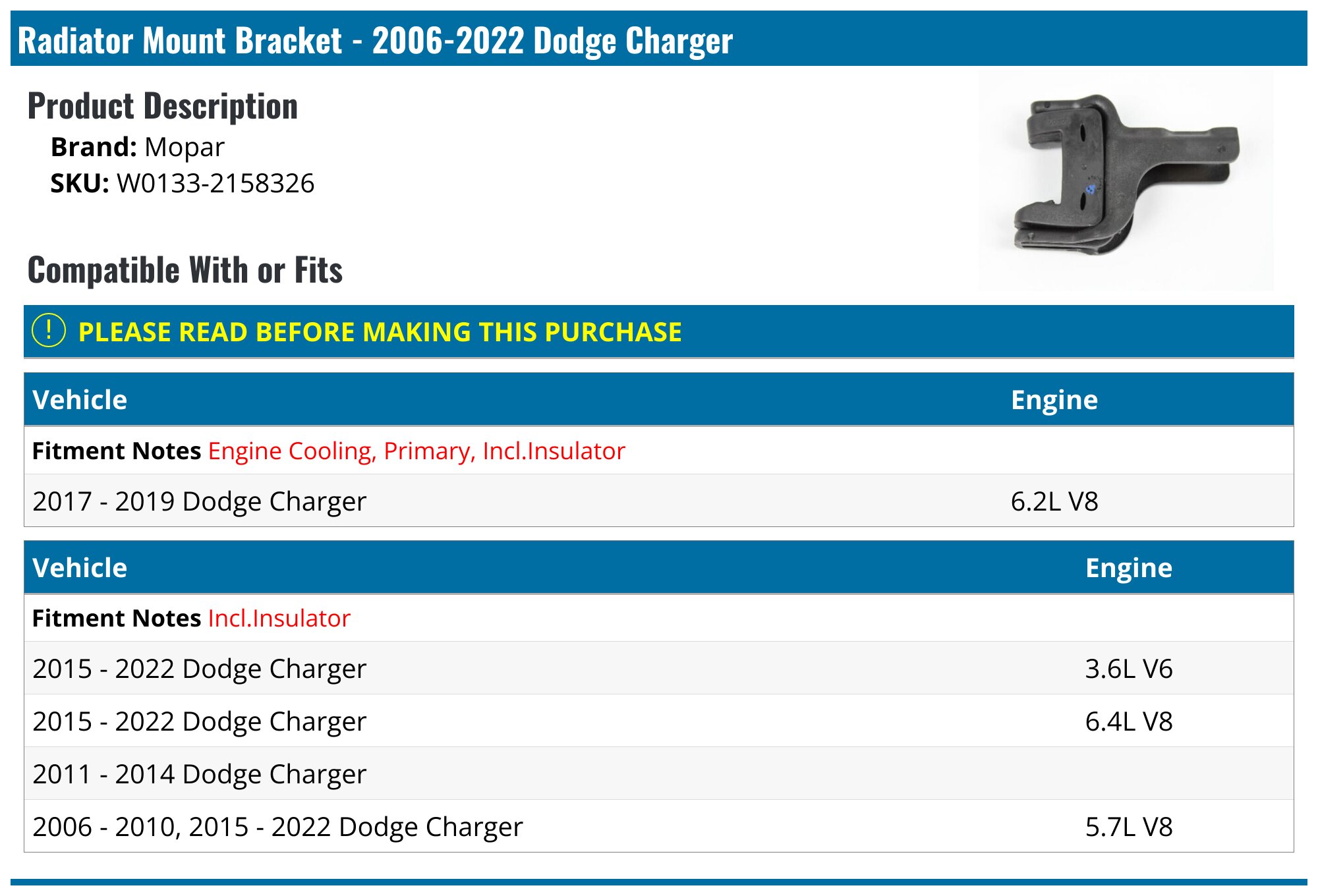 2006-2023 Dodge Charger Radiator Mount Bracket - Mopar W0133-2158326 ...