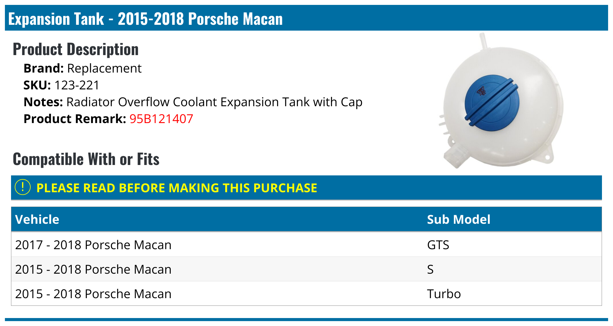 2015-2018 Porsche Macan Expansion Tank - Replacement 123-221 ...