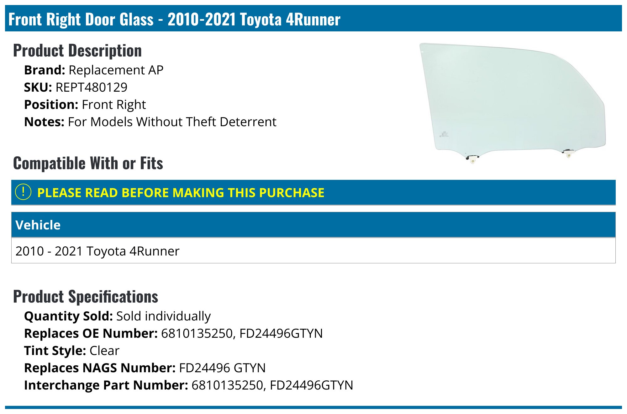 2010-2023 Toyota 4Runner Door Glass - Replacement AP REPT480129 - Front ...