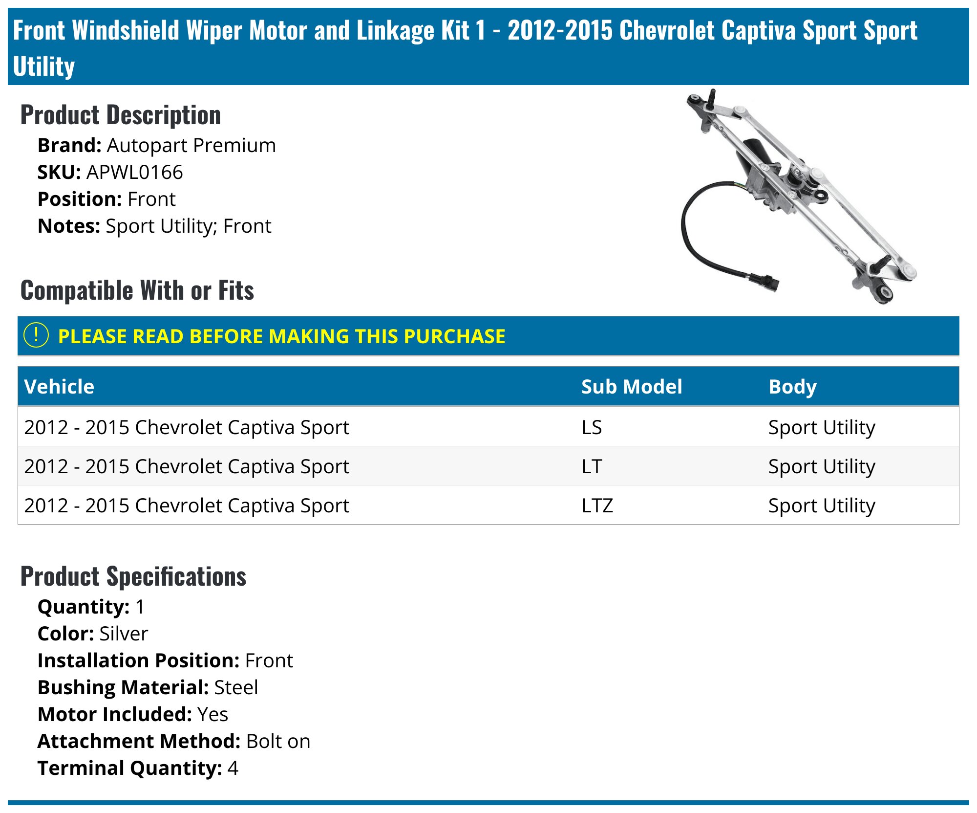2012-2015 Chevrolet Captiva Sport Windshield Wiper Motor - Autopart ...