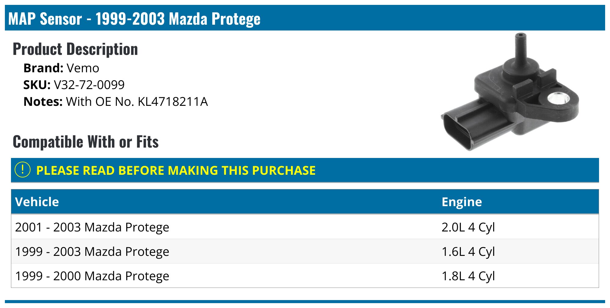 1999-2003 Mazda Protege MAP Sensor - Vemo V32-72-0099 - PartsGeek.com