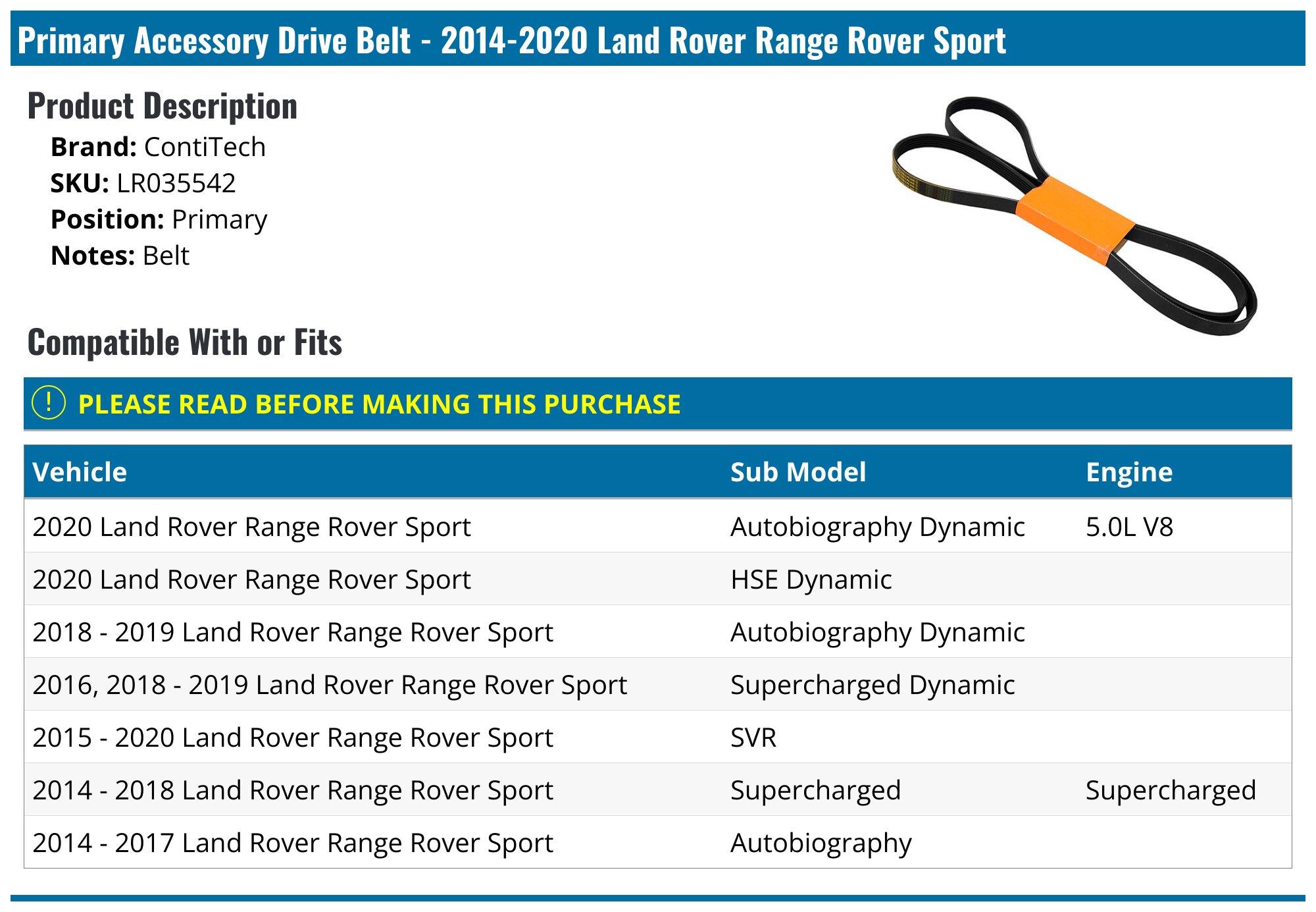2014-2020 Land Rover Range Rover Sport Accessory Drive Belt - ContiTech ...