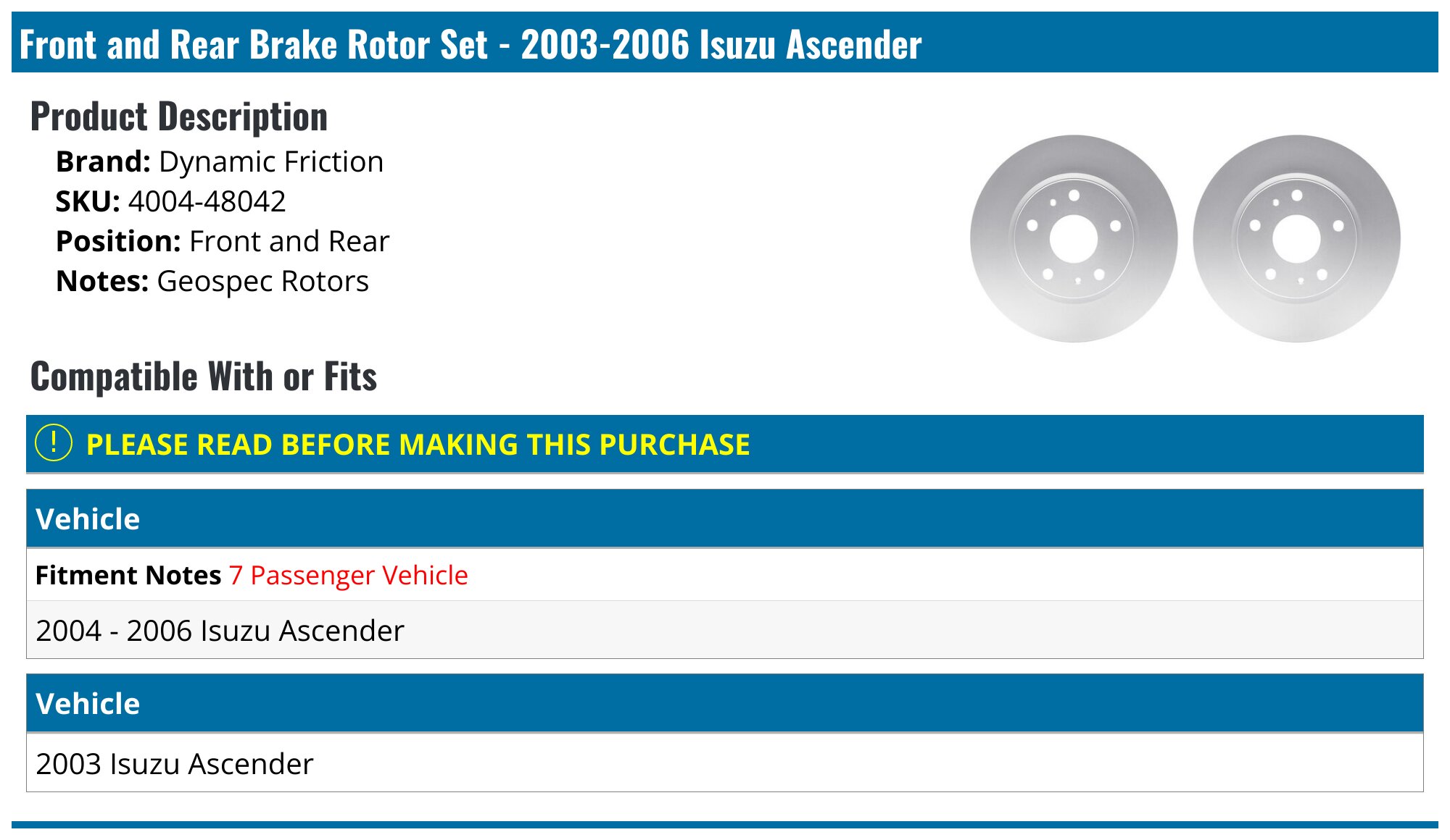2003-2006 Isuzu Ascender Brake Rotor - Dynamic Friction 4004-48042 ...
