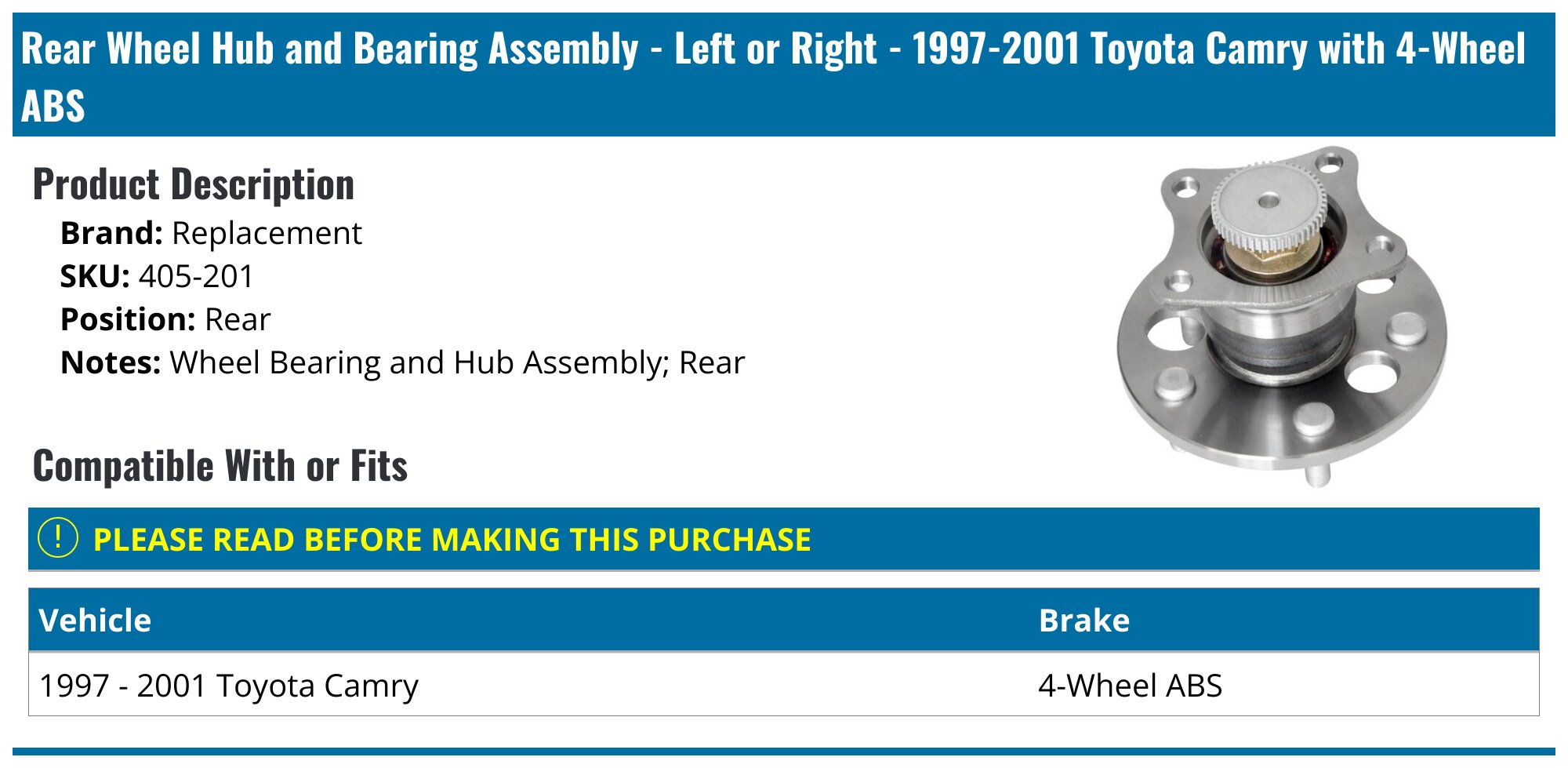 1997-2001 Toyota Camry Wheel Hub Assembly - Replacement 405-201 - Rear ...