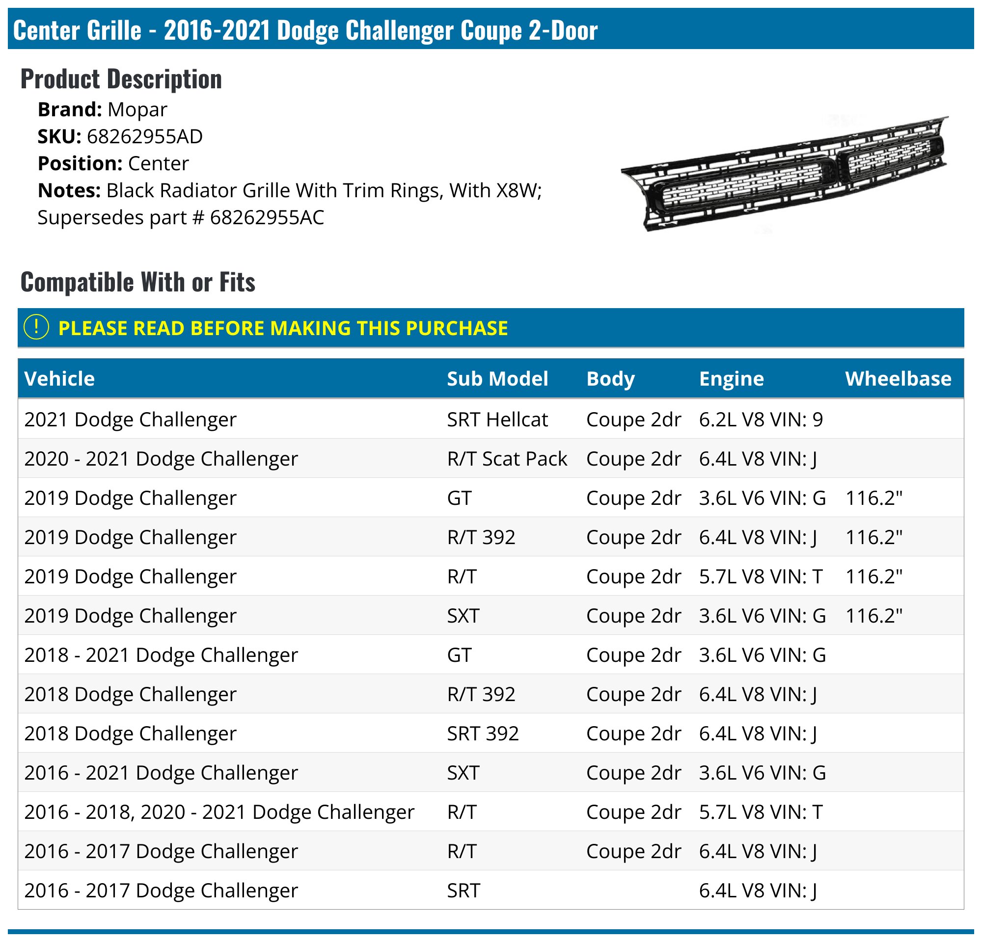 2016 Dodge Challenger Grille Assembly - Mopar 68262955AD - Center ...