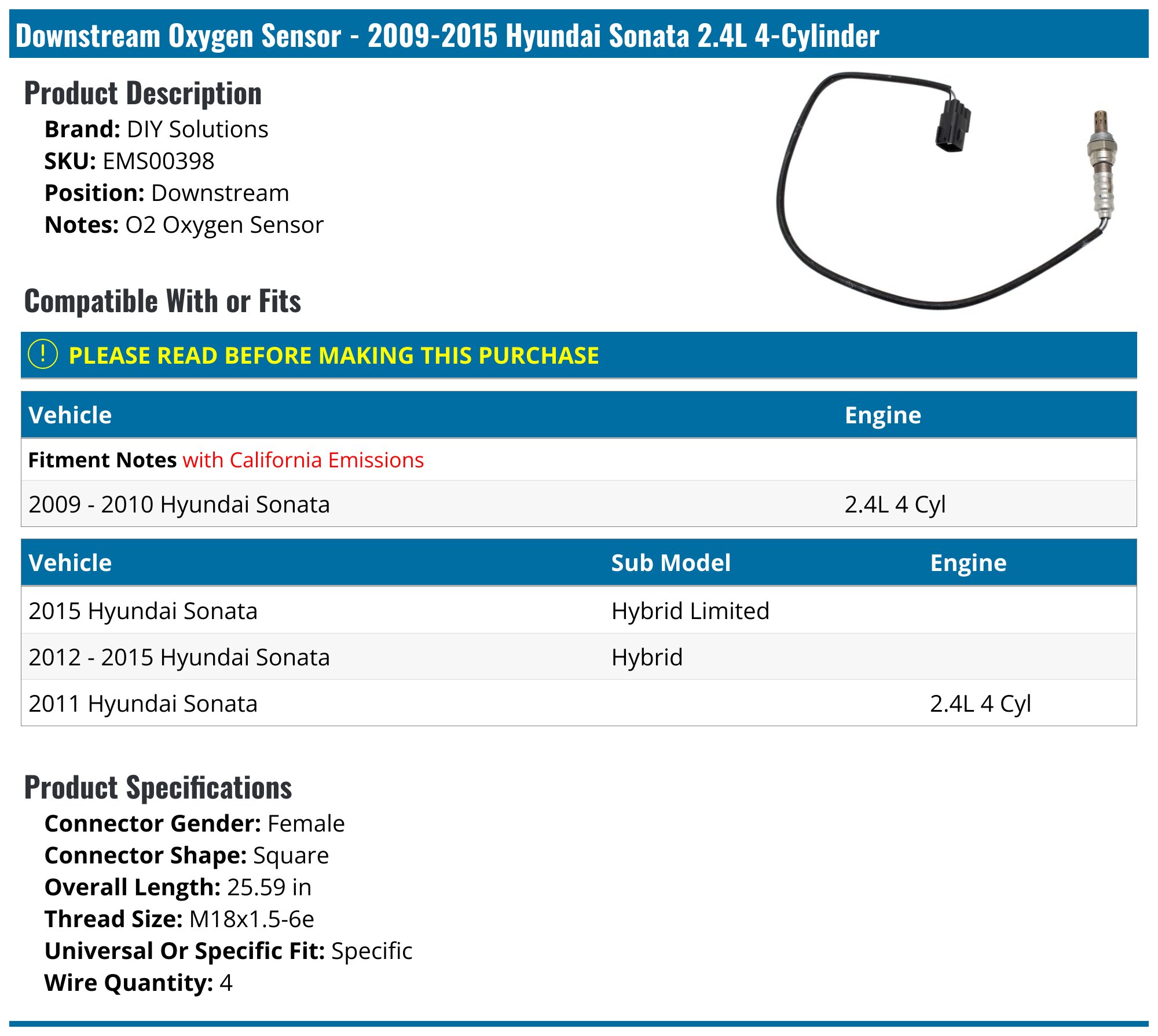 2009-2015 Hyundai Sonata Oxygen Sensor - DIY Solutions EMS00398 ...