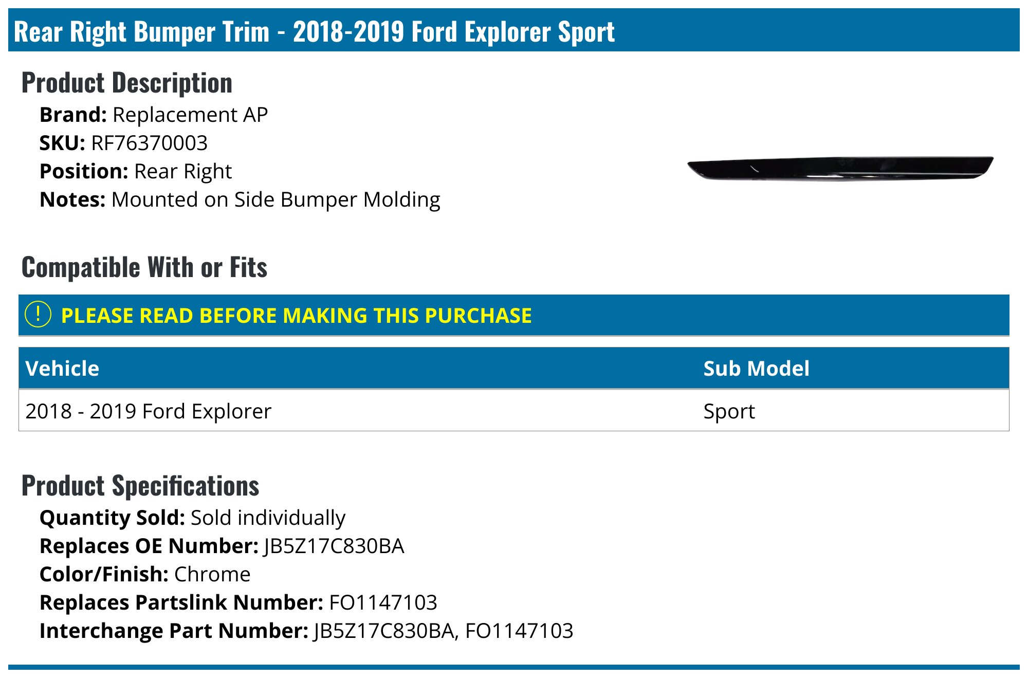 2018-2019 Ford Explorer Bumper Trim - Replacement AP RF76370003 - Rear ...