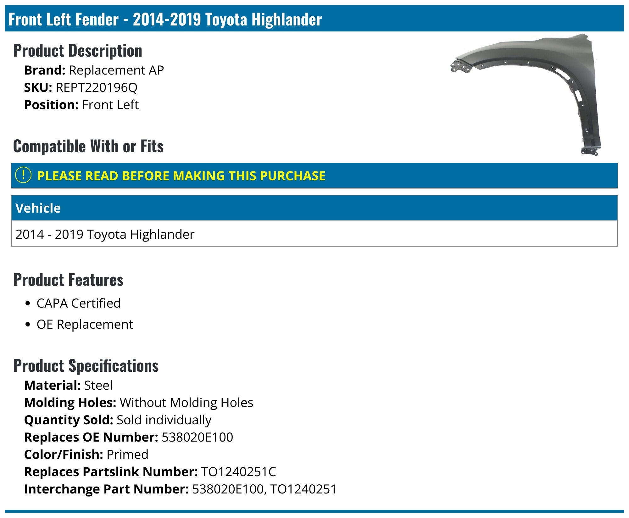 2014-2019 Toyota Highlander Fender - Replacement AP REPT220196Q - Front ...