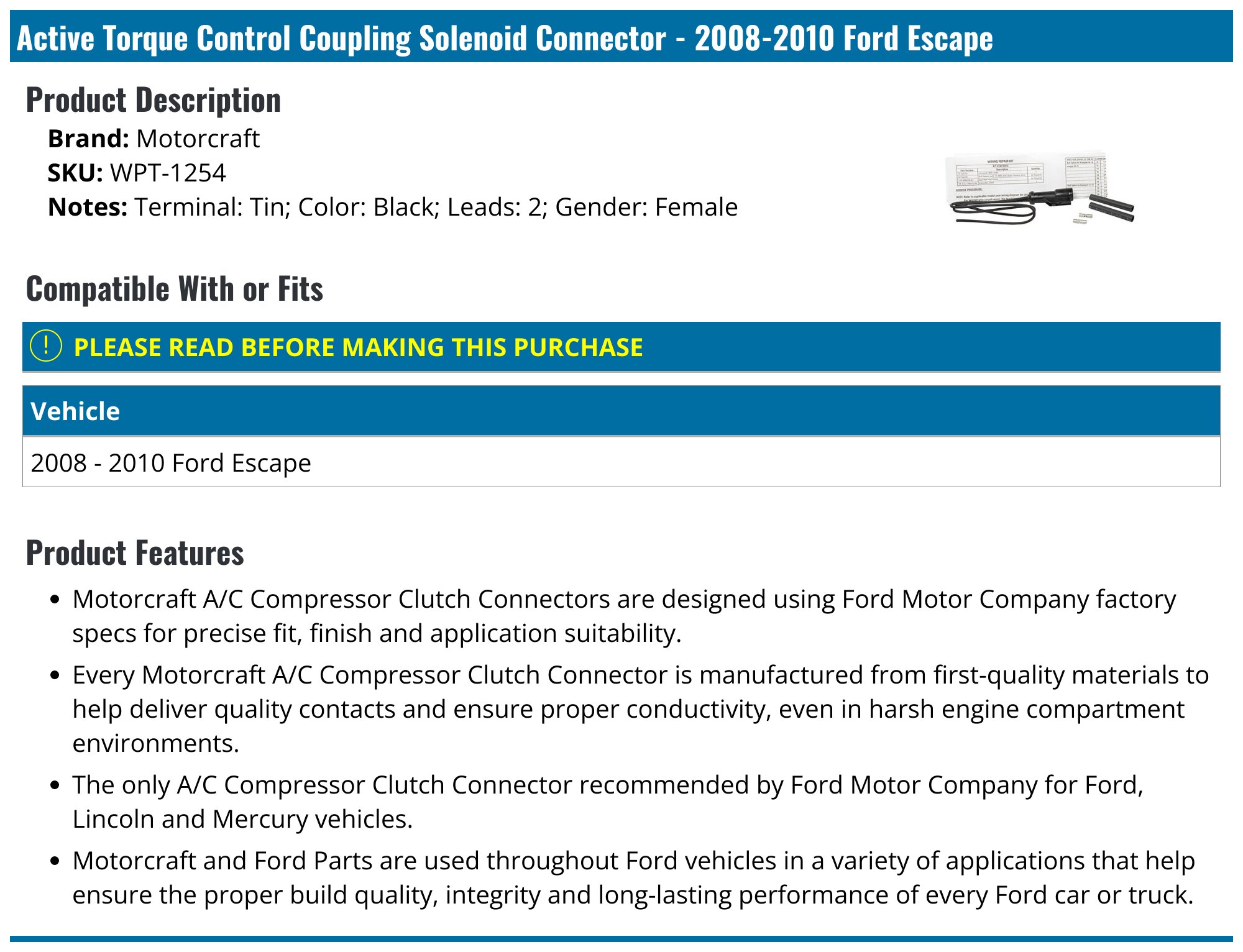 2008-2010 Ford Escape Active Torque Control Coupling Solenoid Connector ...