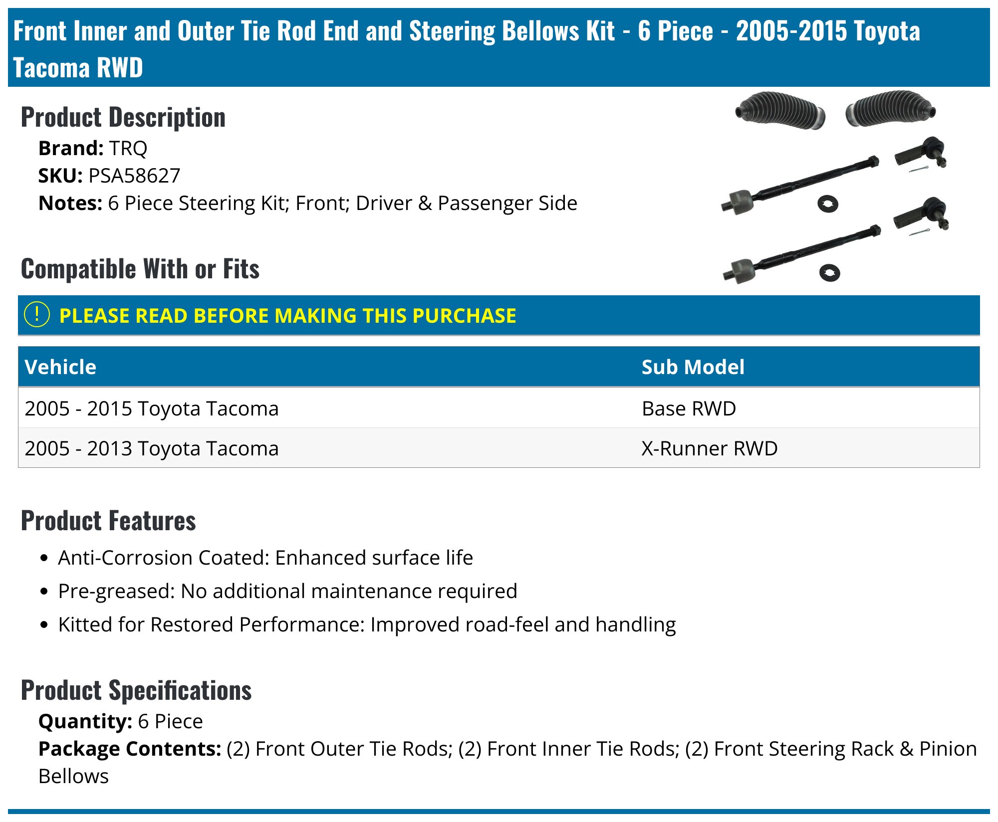 2005-2015 Toyota Tacoma Tie Rod End - TRQ PSA58627 - PartsGeek.com