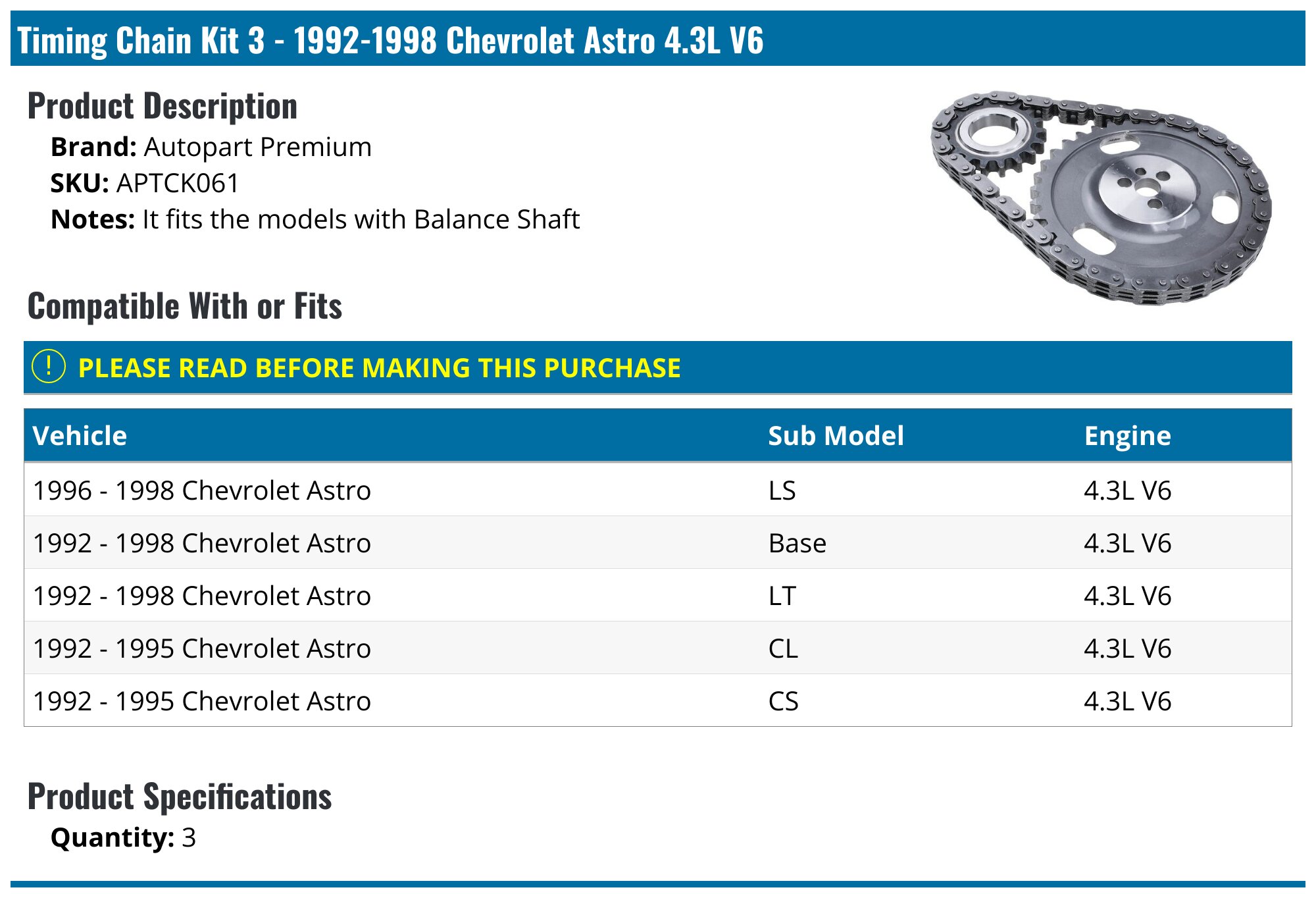 1992-1998 Chevrolet Astro Timing Chain - Autopart Premium APTCK061 ...