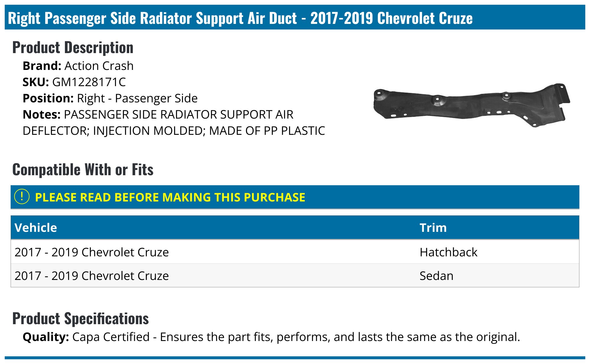 2017-2019 Chevrolet Cruze Radiator Support Air Duct - Action Crash ...