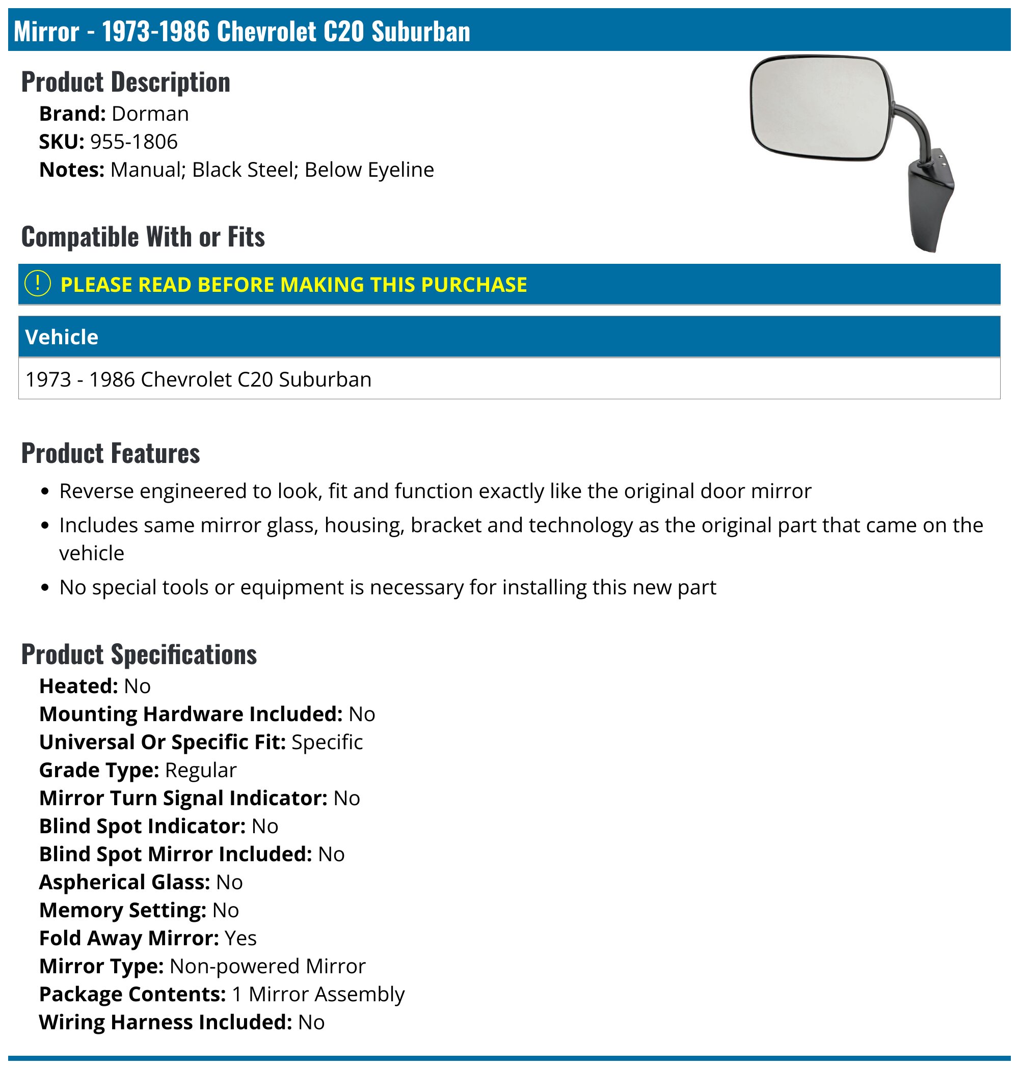 1973-1986 Chevrolet C20 Suburban Mirror - Dorman 955-1806 - PartsGeek.com