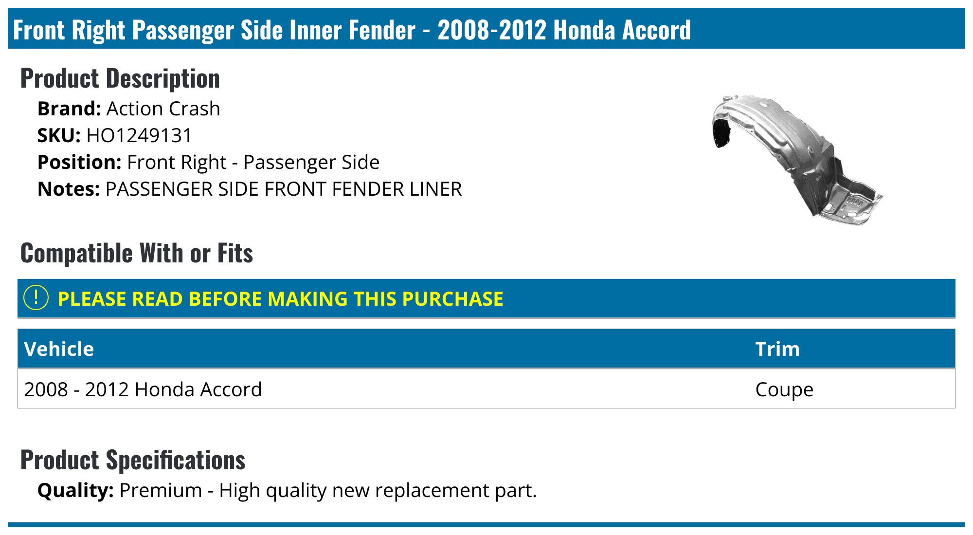 Inner Fender Well Liner - Wheel Well Liner Replacement | Parts Geek
