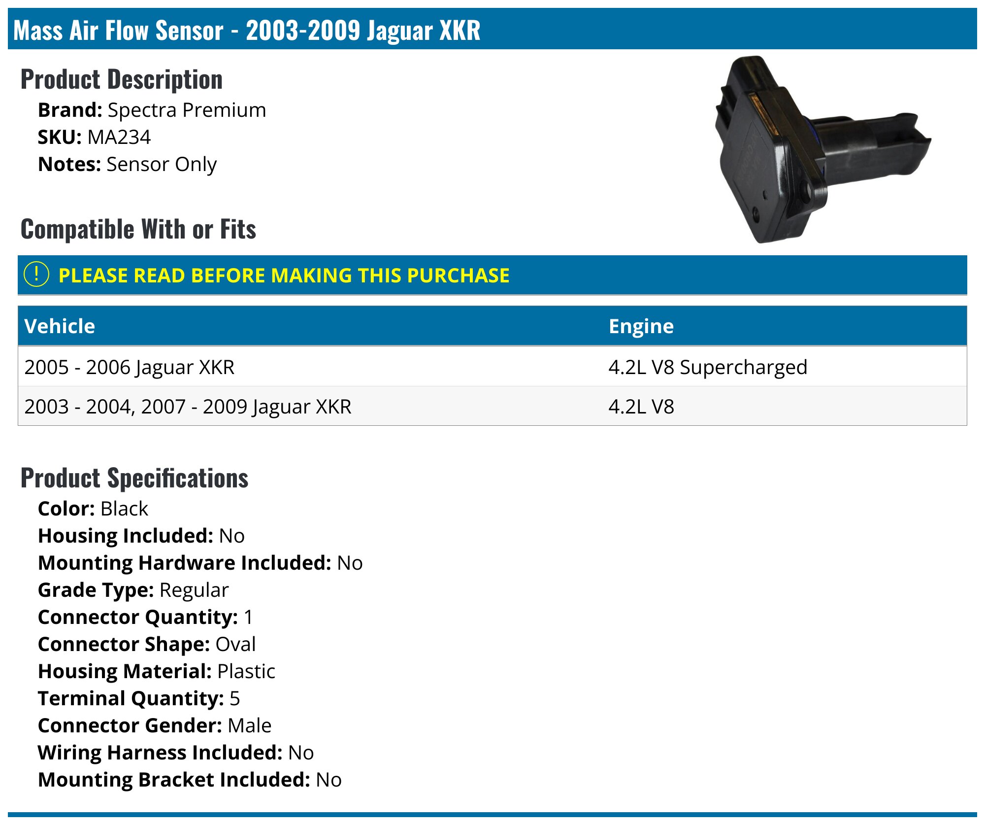 2003-2009 Jaguar XKR Air Mass Sensor - Spectra Premium MA234 ...