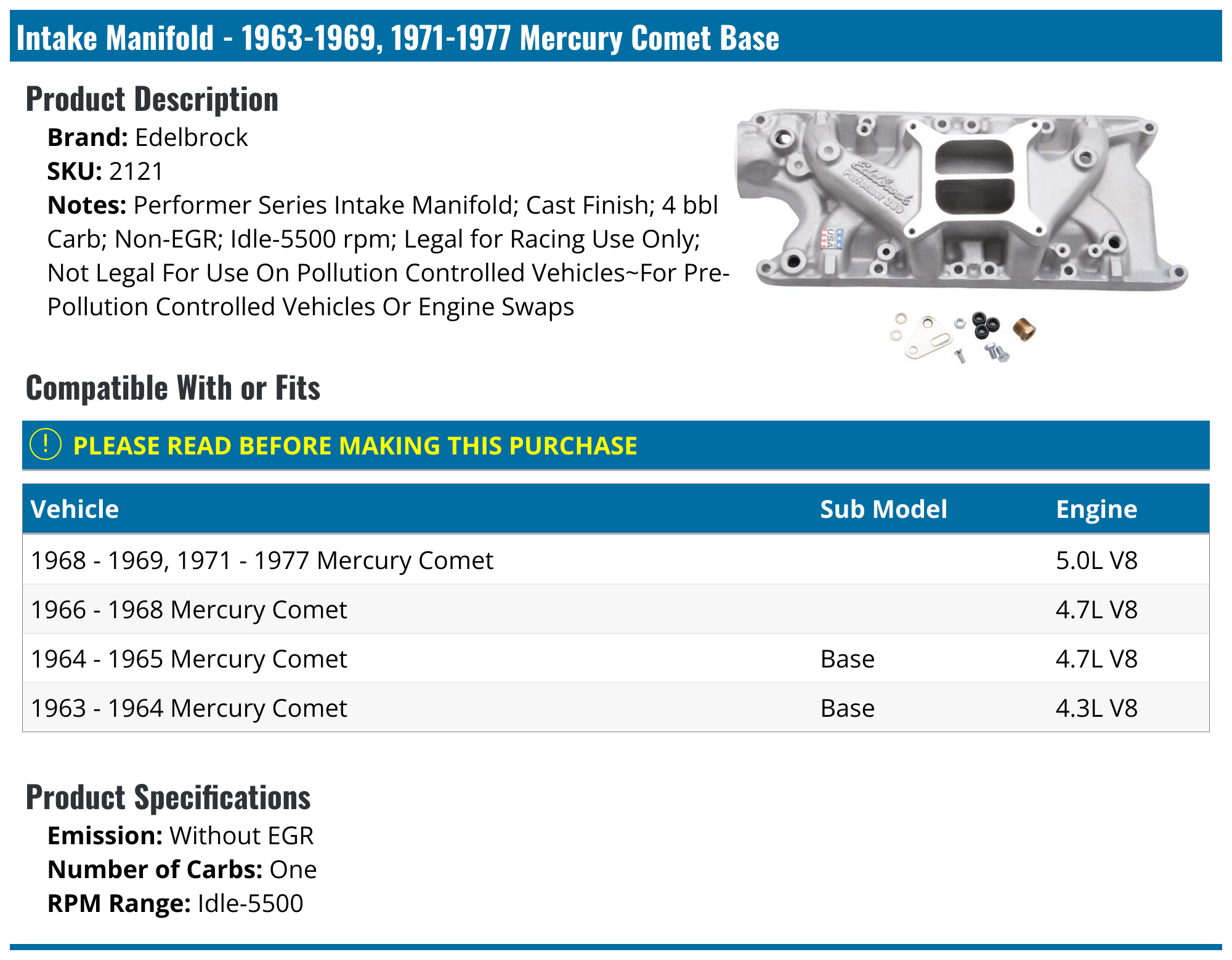 1963-1969, 1971-1977 Mercury Comet Intake Manifold - Edelbrock 2121 ...