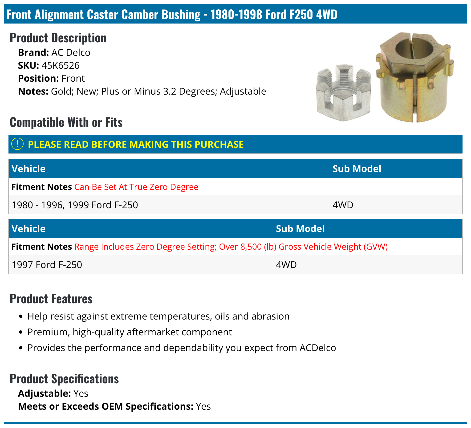 1980-1997, 1999 Ford F250 Alignment Caster Camber Bushing - AC Delco ...
