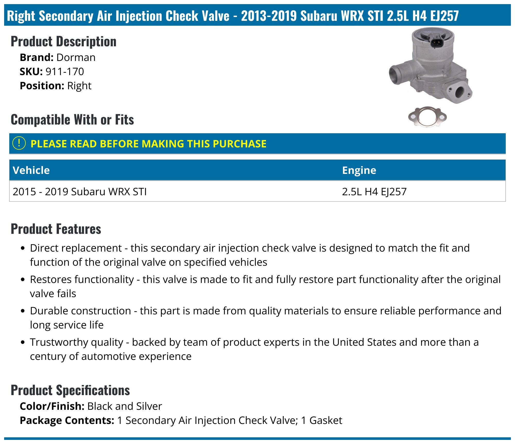 2013-2019 Subaru WRX STI Air Pump Check Valve - Dorman 911-170 - Right ...