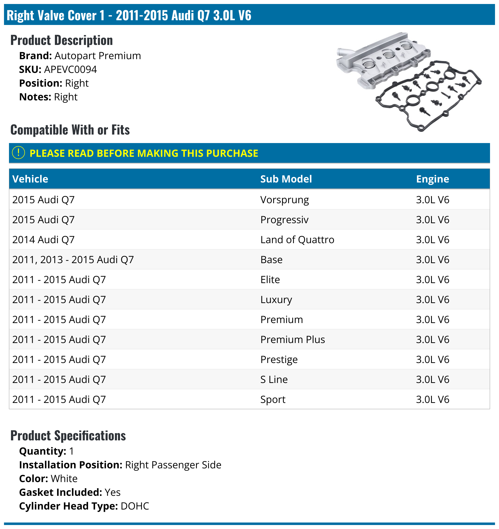 2011-2015 Audi Q7 Valve Cover - Autopart Premium APEVC0094 - Right ...