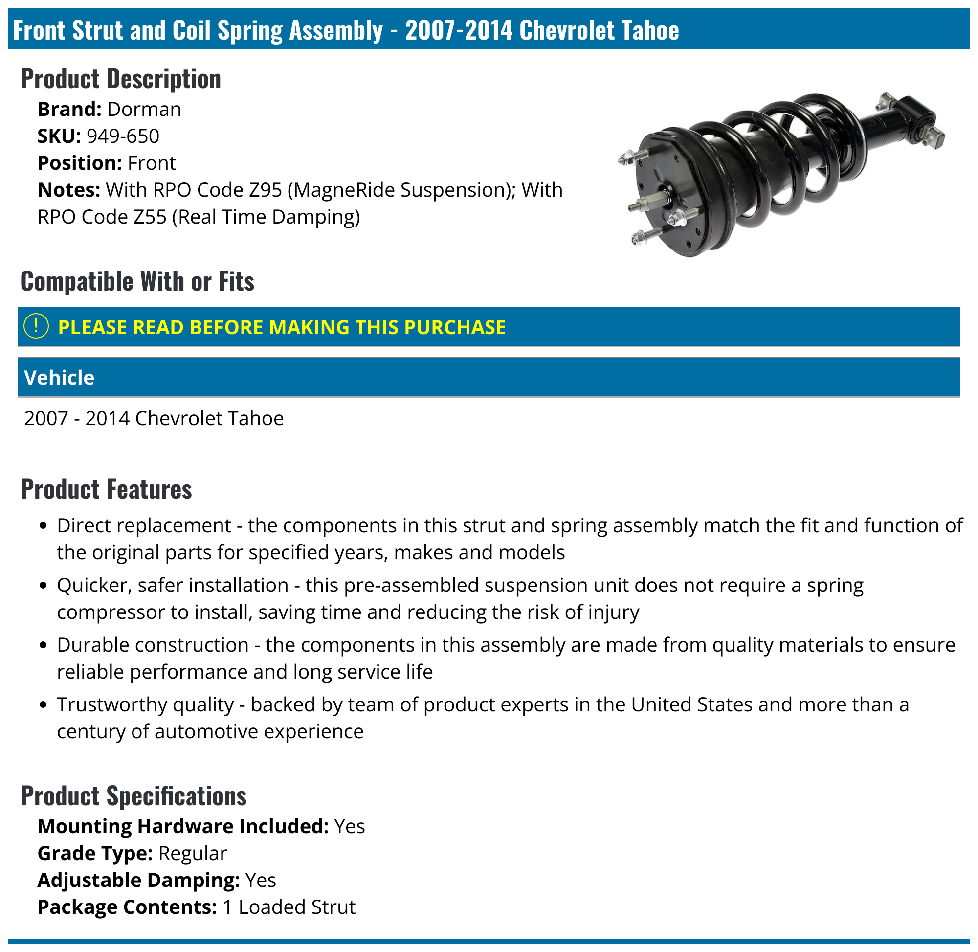 2007-2014 Chevrolet Tahoe Strut Assembly - Dorman 949-650 - Front ...