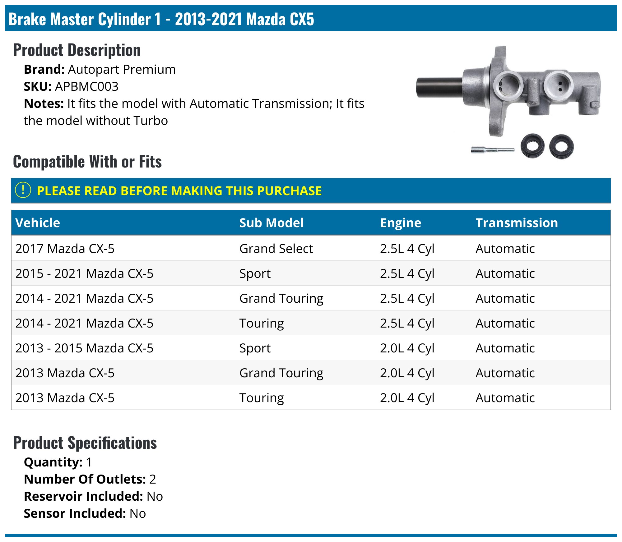 2013-2021 Mazda CX5 Brake Master Cylinder - Autopart Premium APBMC003 - PartsGeek.com