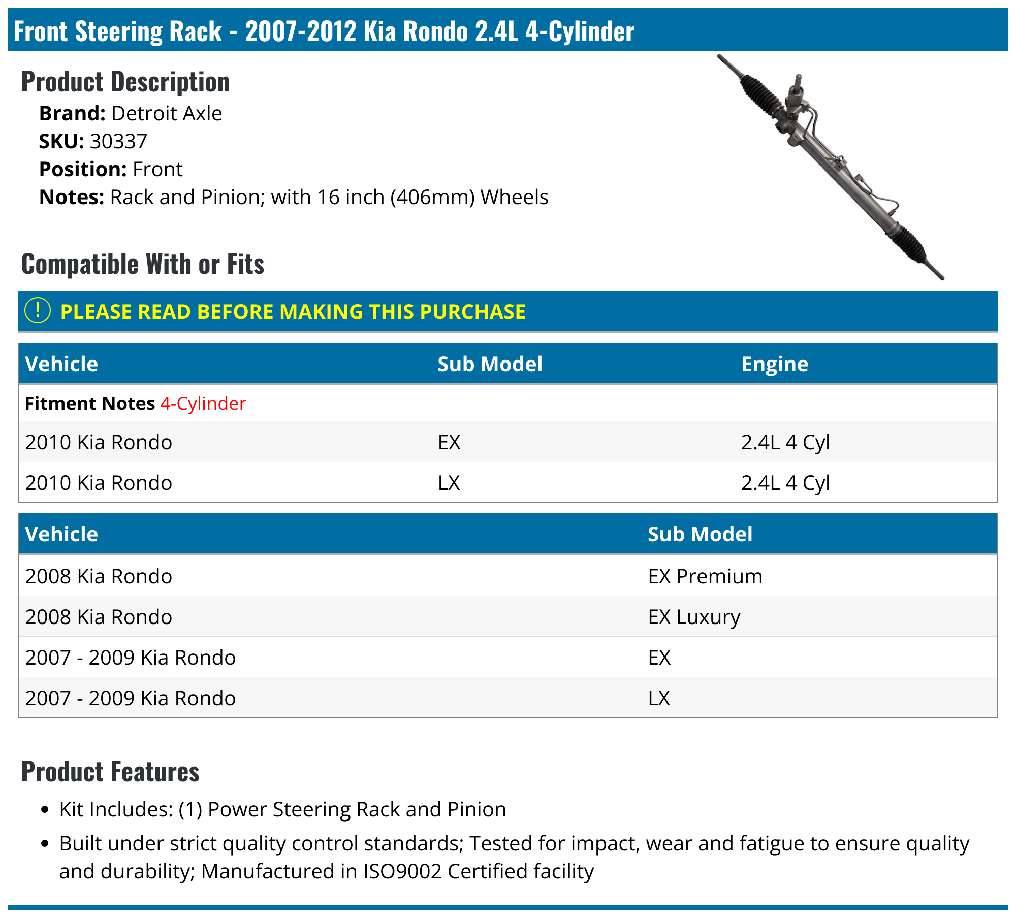 2007-2012 Kia Rondo Steering Rack - Detroit Axle 30337 - Front ...