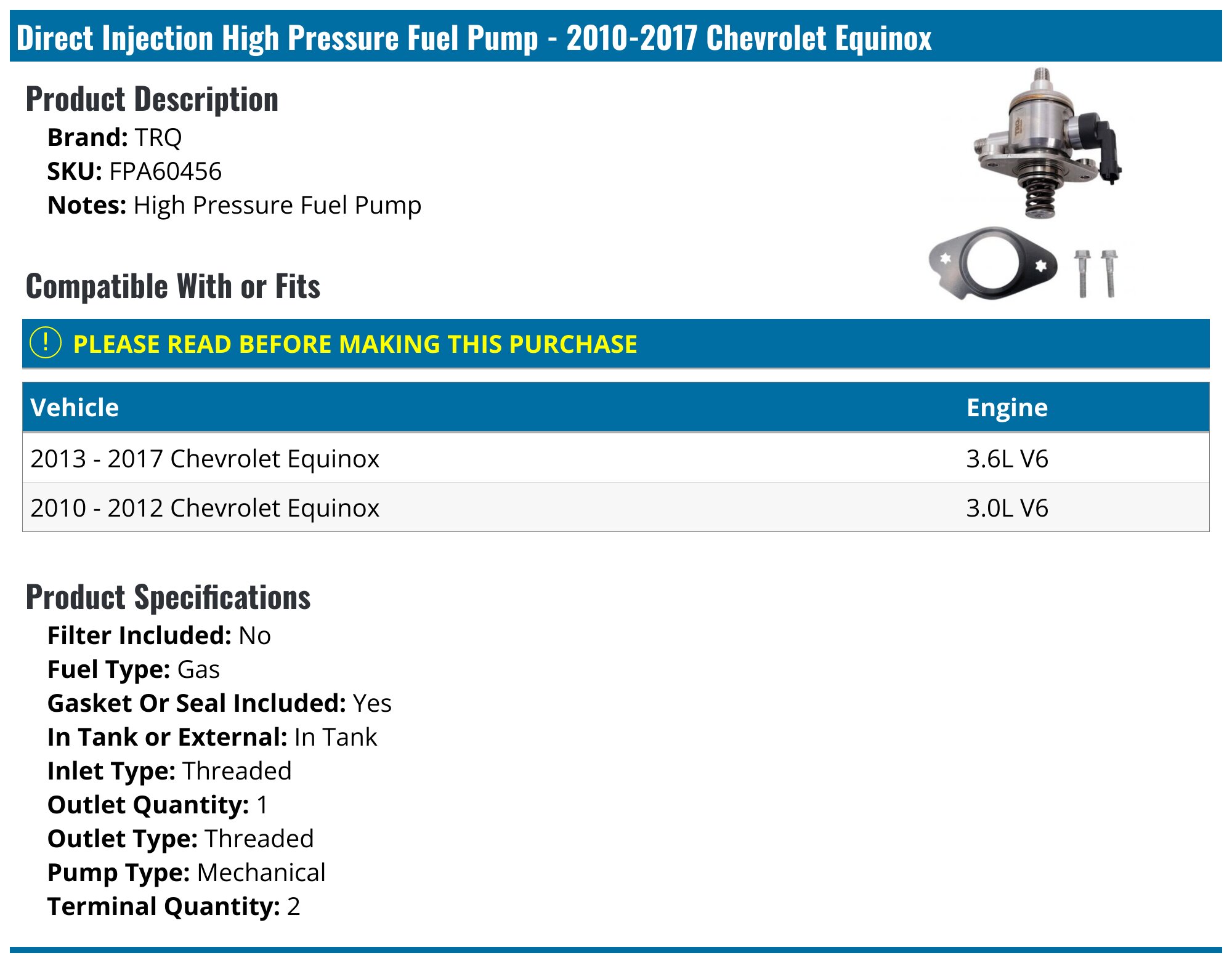 2010-2012, 2014-2017 Chevrolet Equinox Fuel Pump - TRQ FPA60456 ...