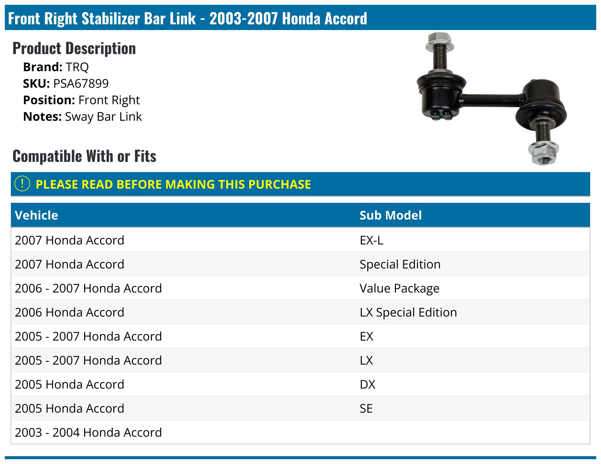 2003-2007 Honda Accord Sway Bar Link - TRQ PSA67899 - Front Right ...