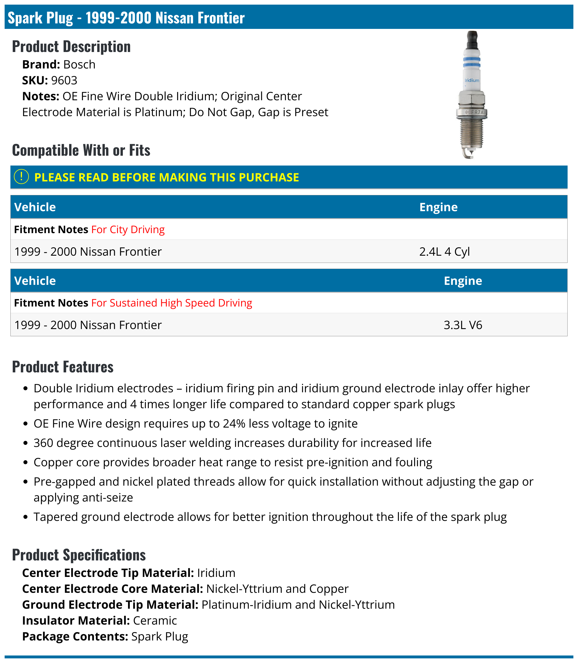 1999-2000 Nissan Frontier Spark Plug - Bosch 9603 - PartsGeek.com