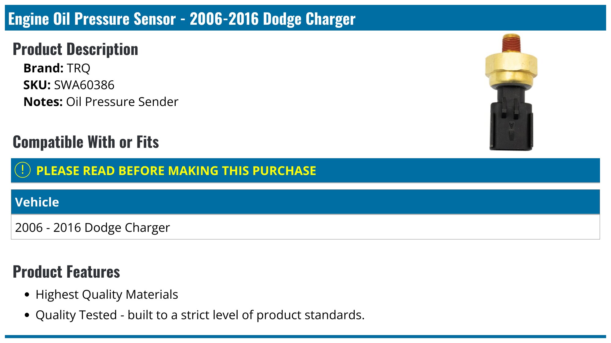2006-2016 Dodge Charger Engine Oil Pressure Sensor - TRQ SWA60386 ...