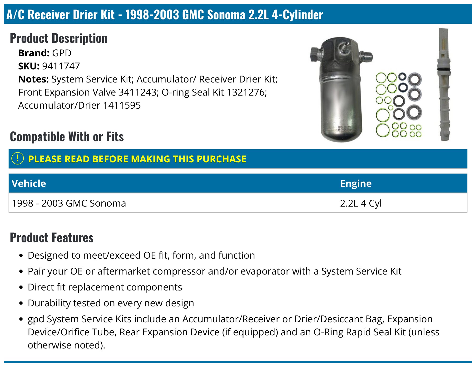 1998-2003 GMC Sonoma A/C Receiver Drier - GPD 9411747 - PartsGeek.com