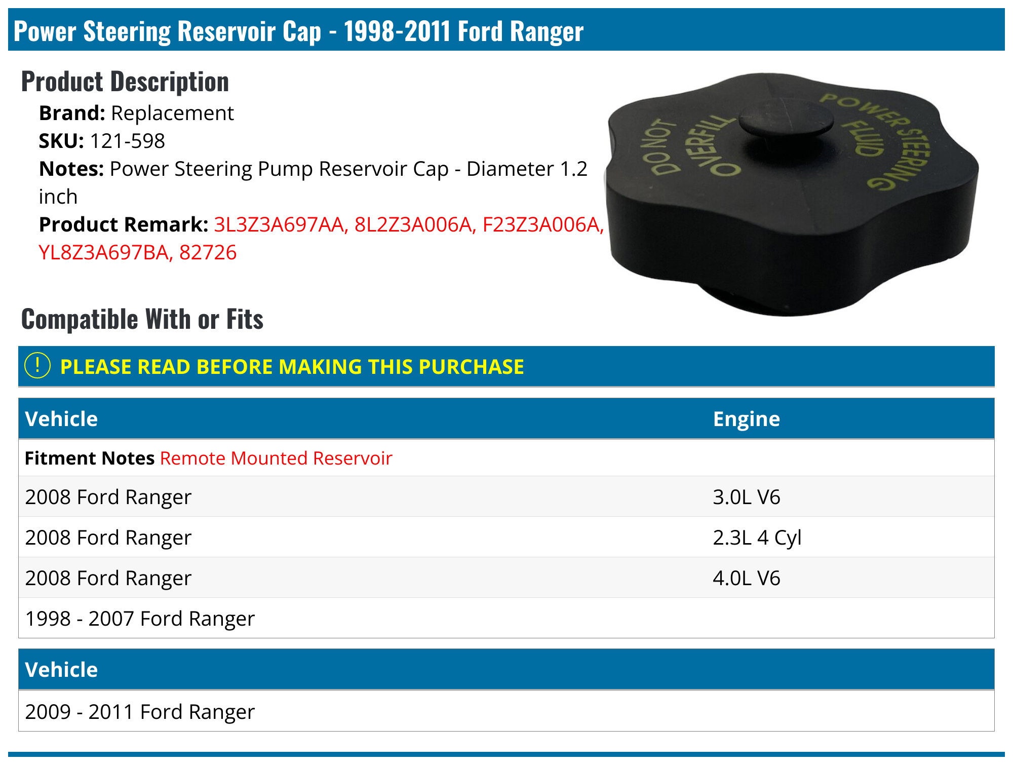 1998-2011 Ford Ranger Power Steering Reservoir Cap - Replacement 121 ...