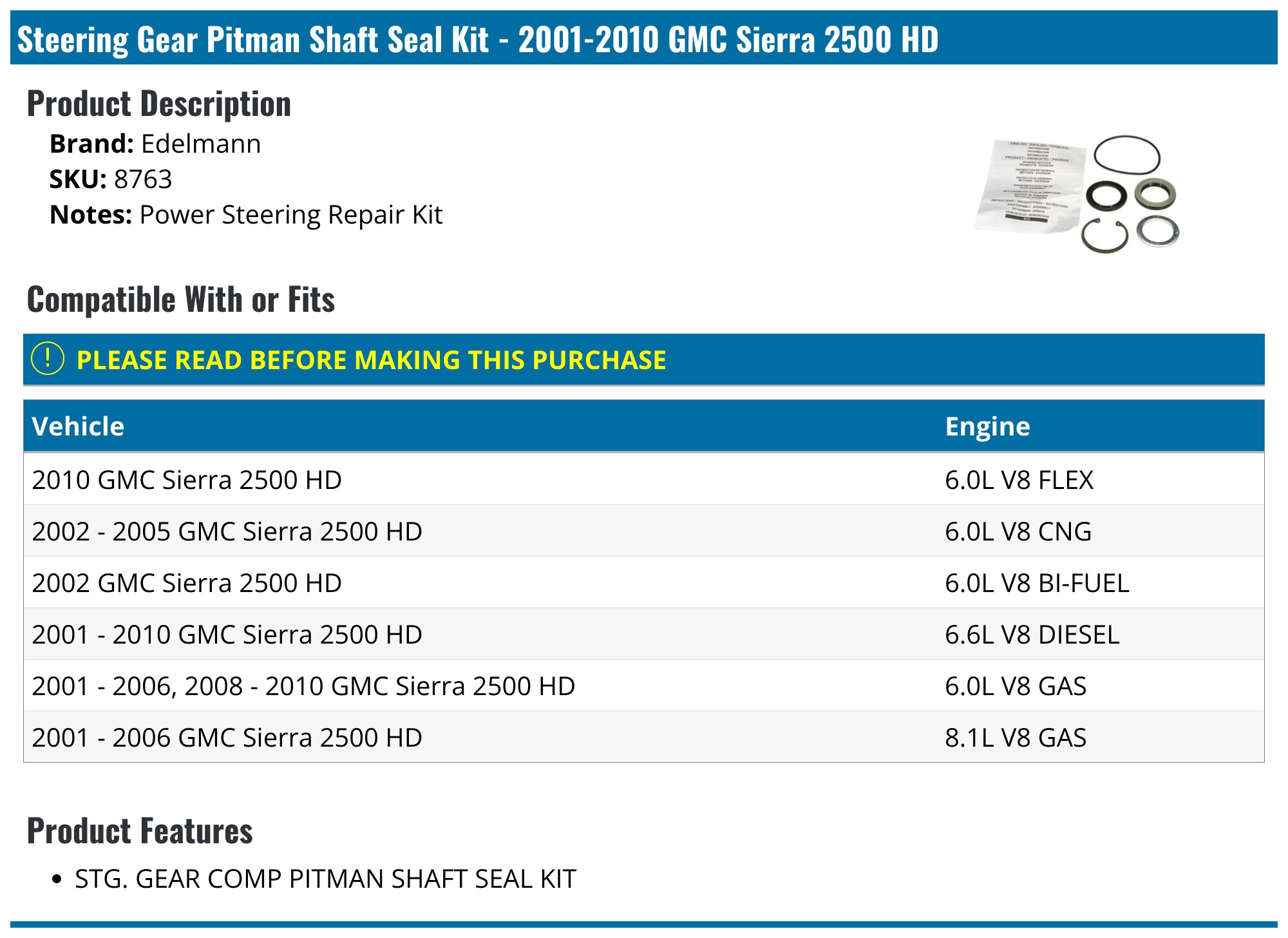 2001-2010 GMC Sierra 2500 HD Steering Gear Pitman Shaft Seal Kit ...