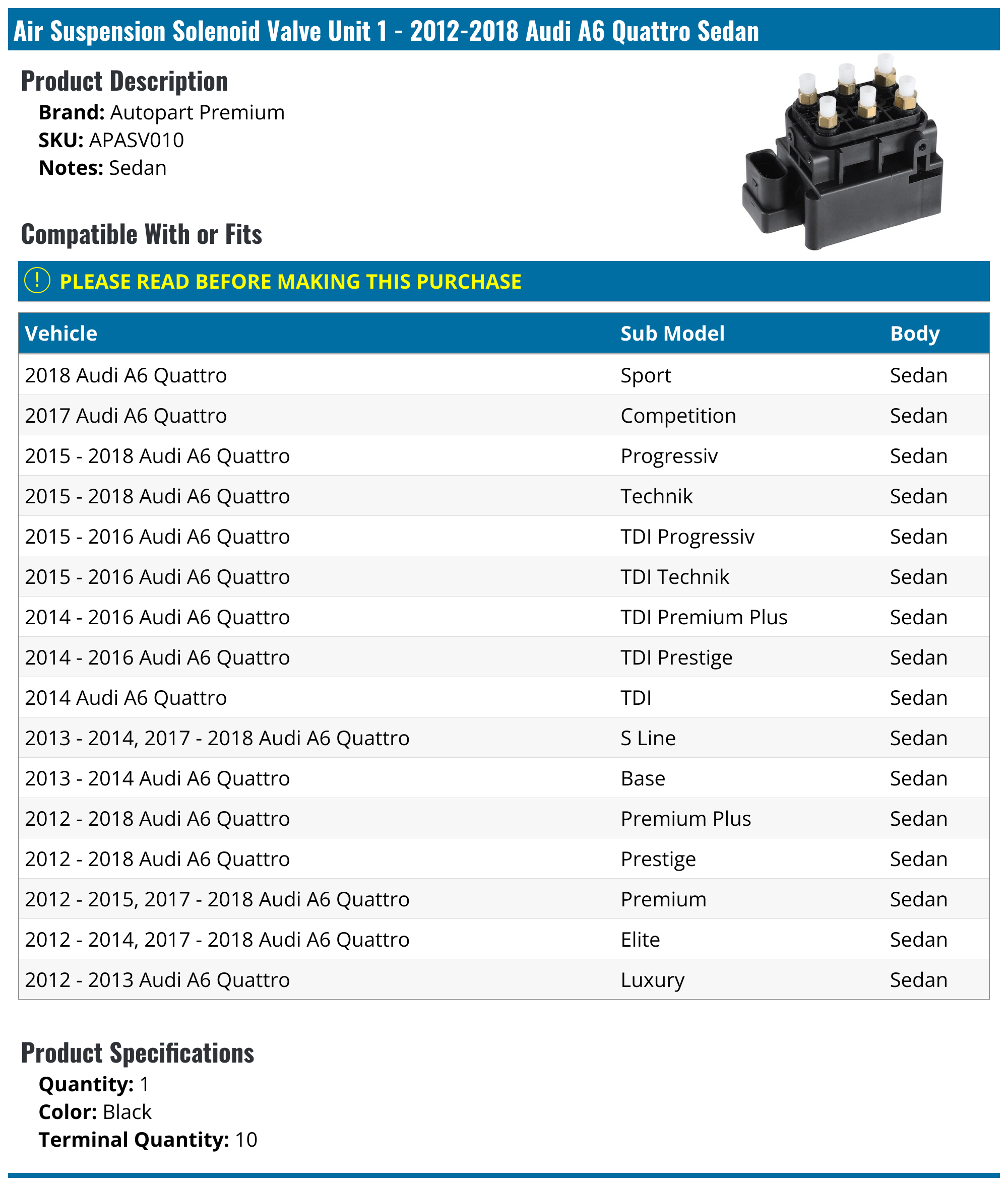 2012-2018 Audi A6 Quattro Air Suspension Solenoid Valve Unit - Autopart ...