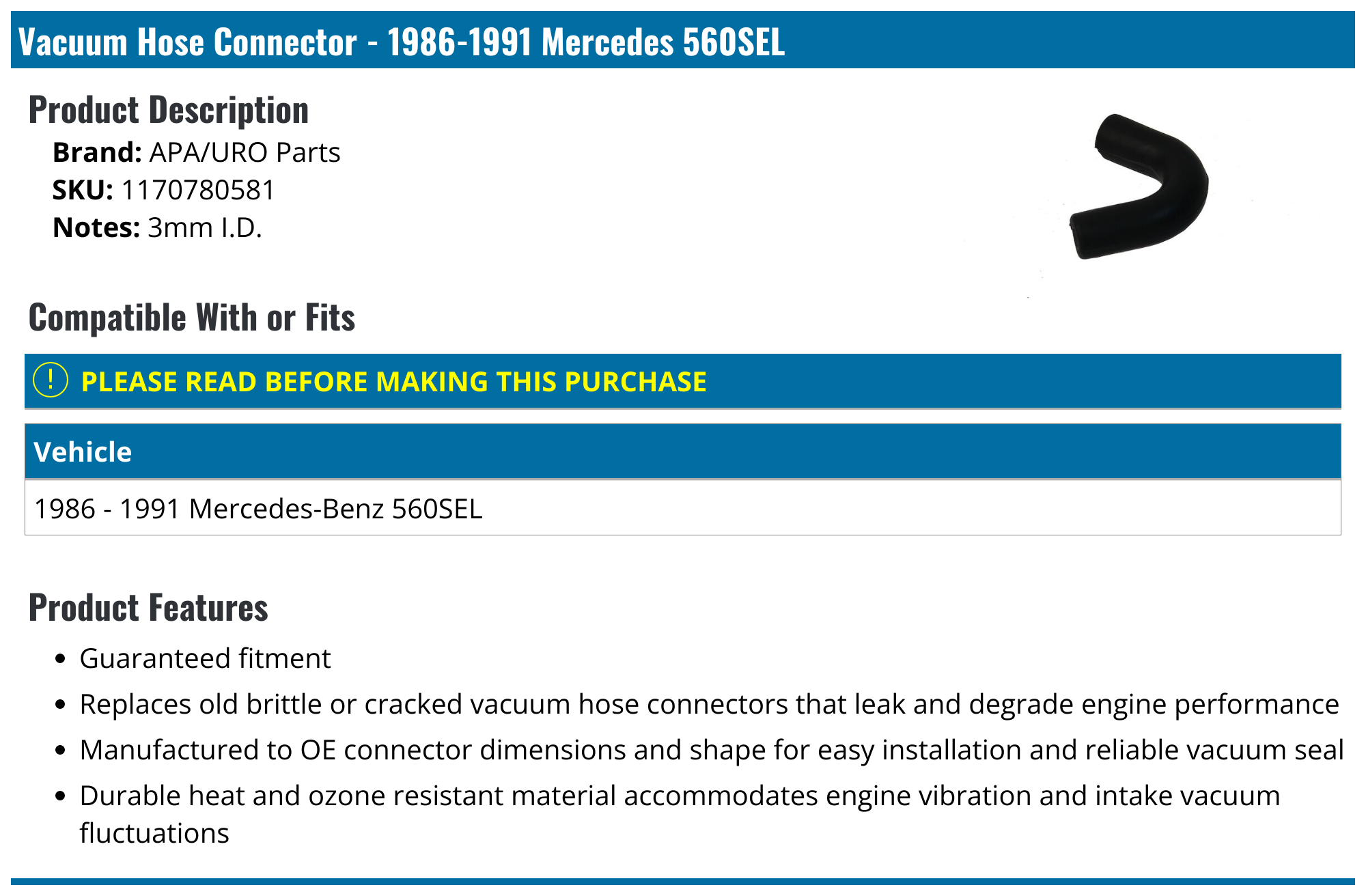 1986-1991 Mercedes 560SEL Vacuum Hose Connector - APA/URO Parts ...