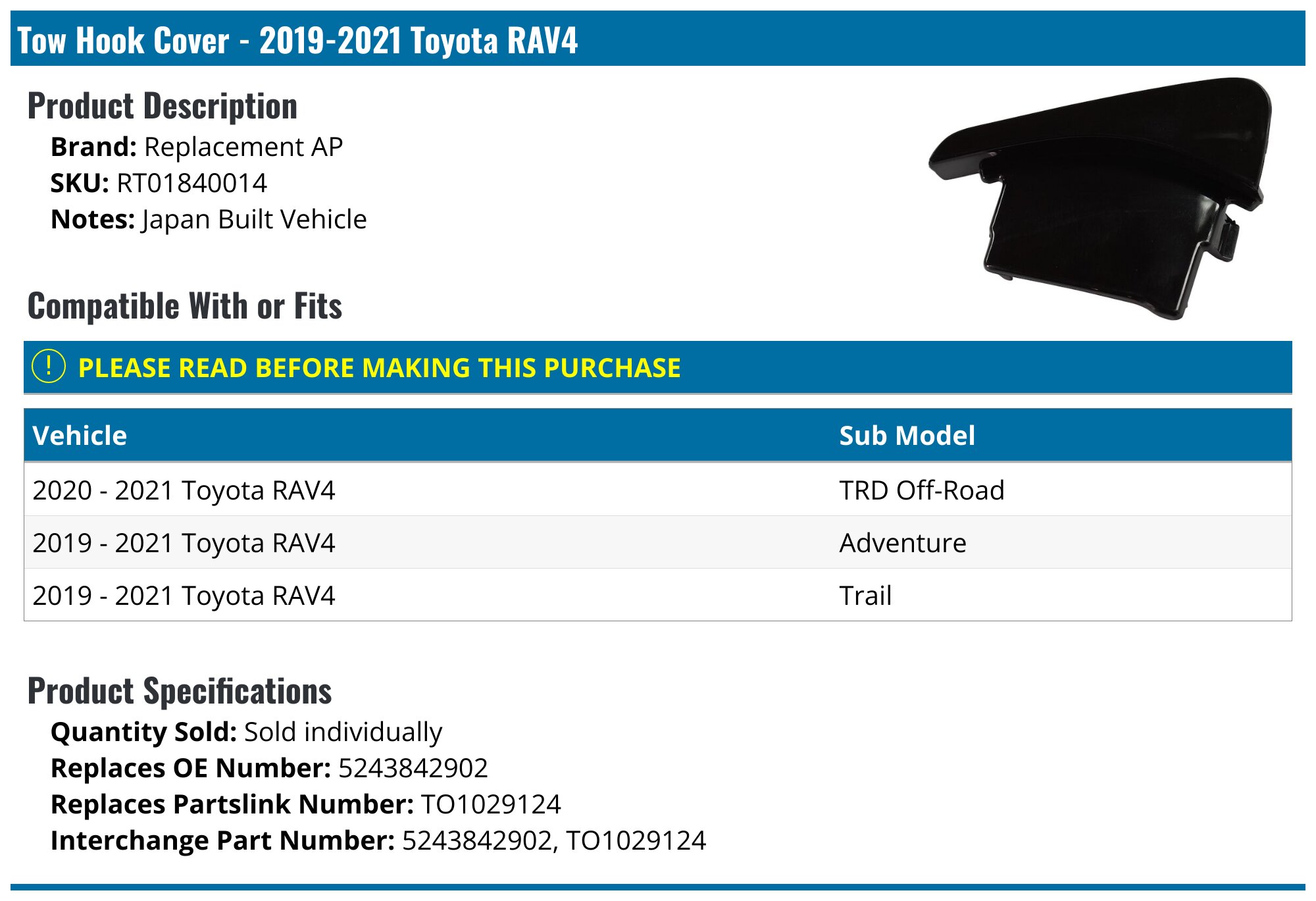 2019-2024 Toyota RAV4 Tow Hook Cover - Replacement AP RT01840014 ...