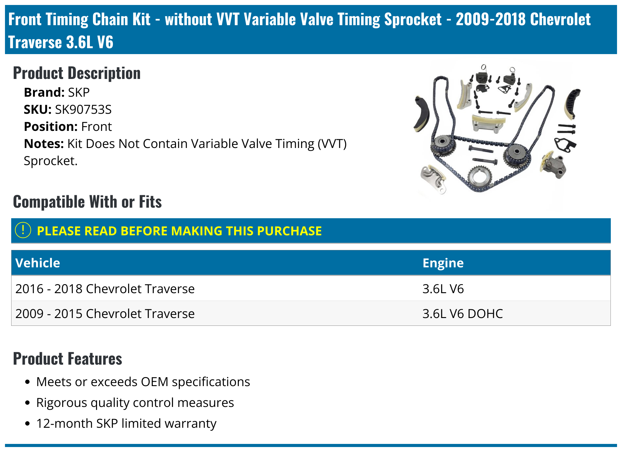 2009-2018 Chevrolet Traverse Timing Chain - SKP SK90753S - Front ...