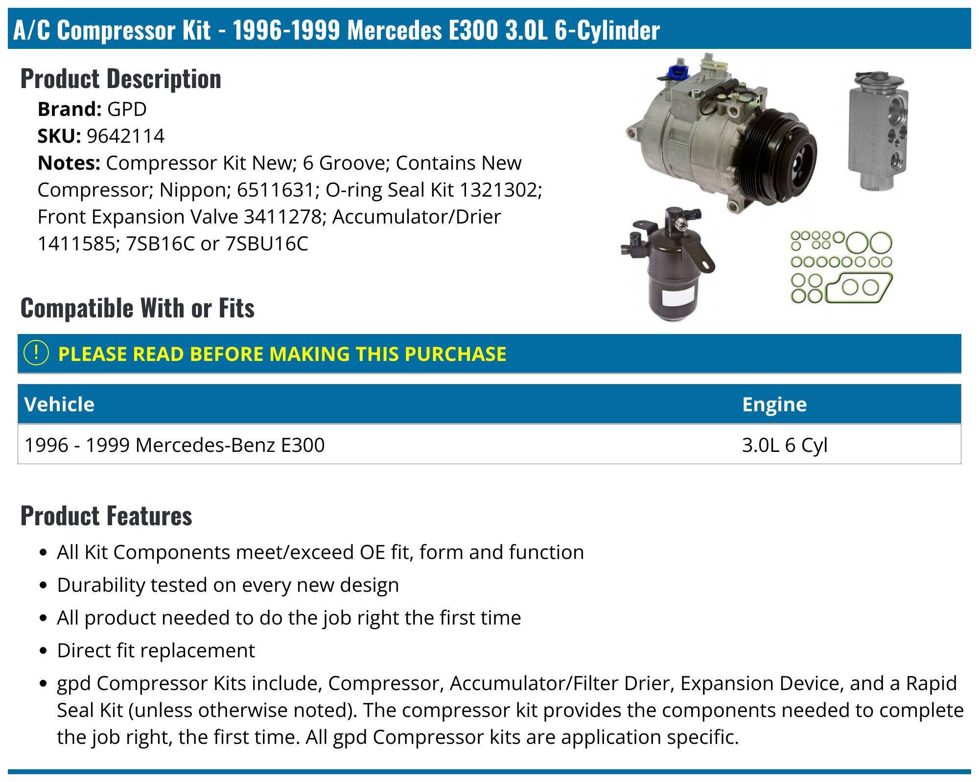 1996-1999 Mercedes E300 A/C Compressor - GPD 9642114 - PartsGeek.com