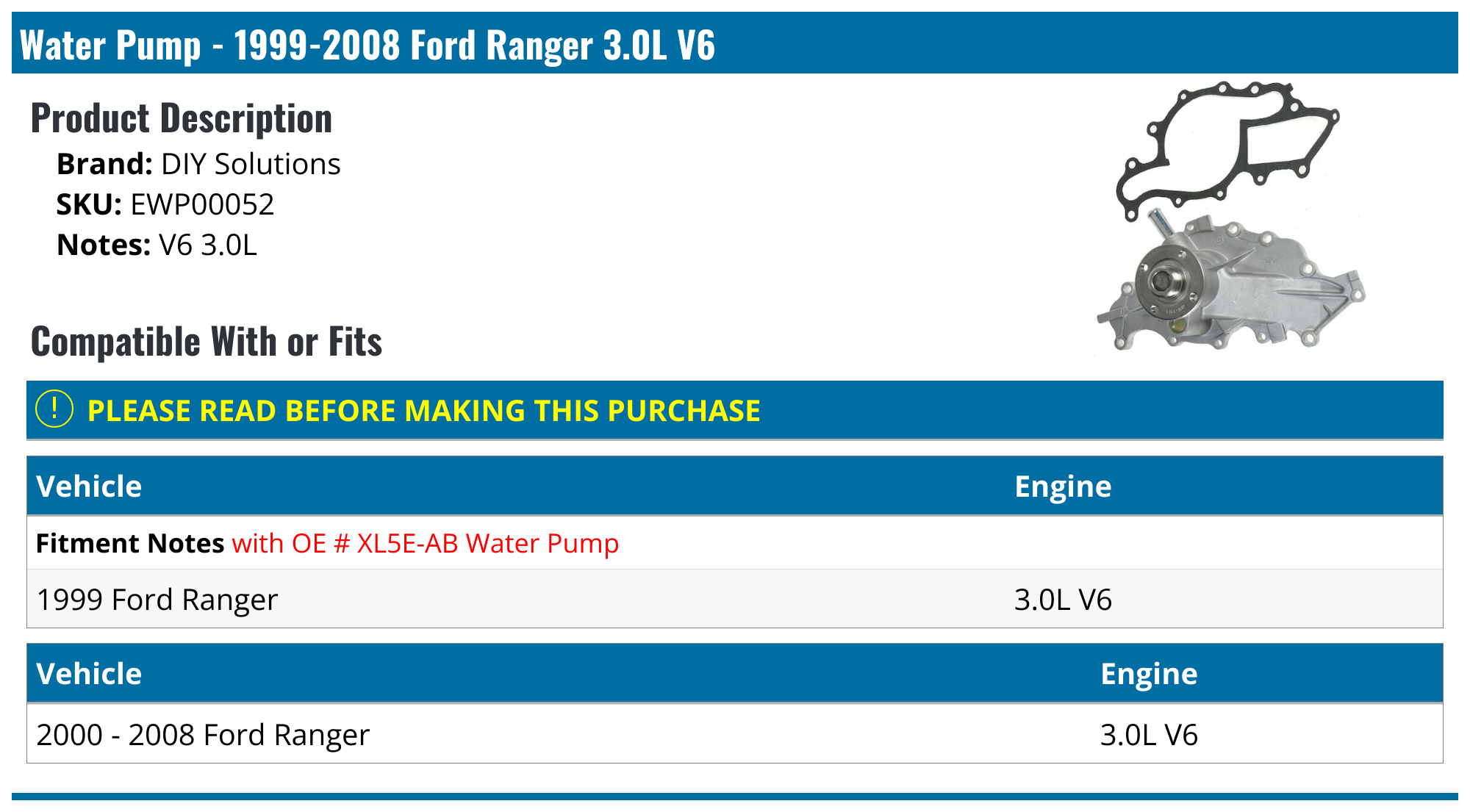 1999-2008 Ford Ranger Water Pump - DIY Solutions EWP00052 - PartsGeek.com