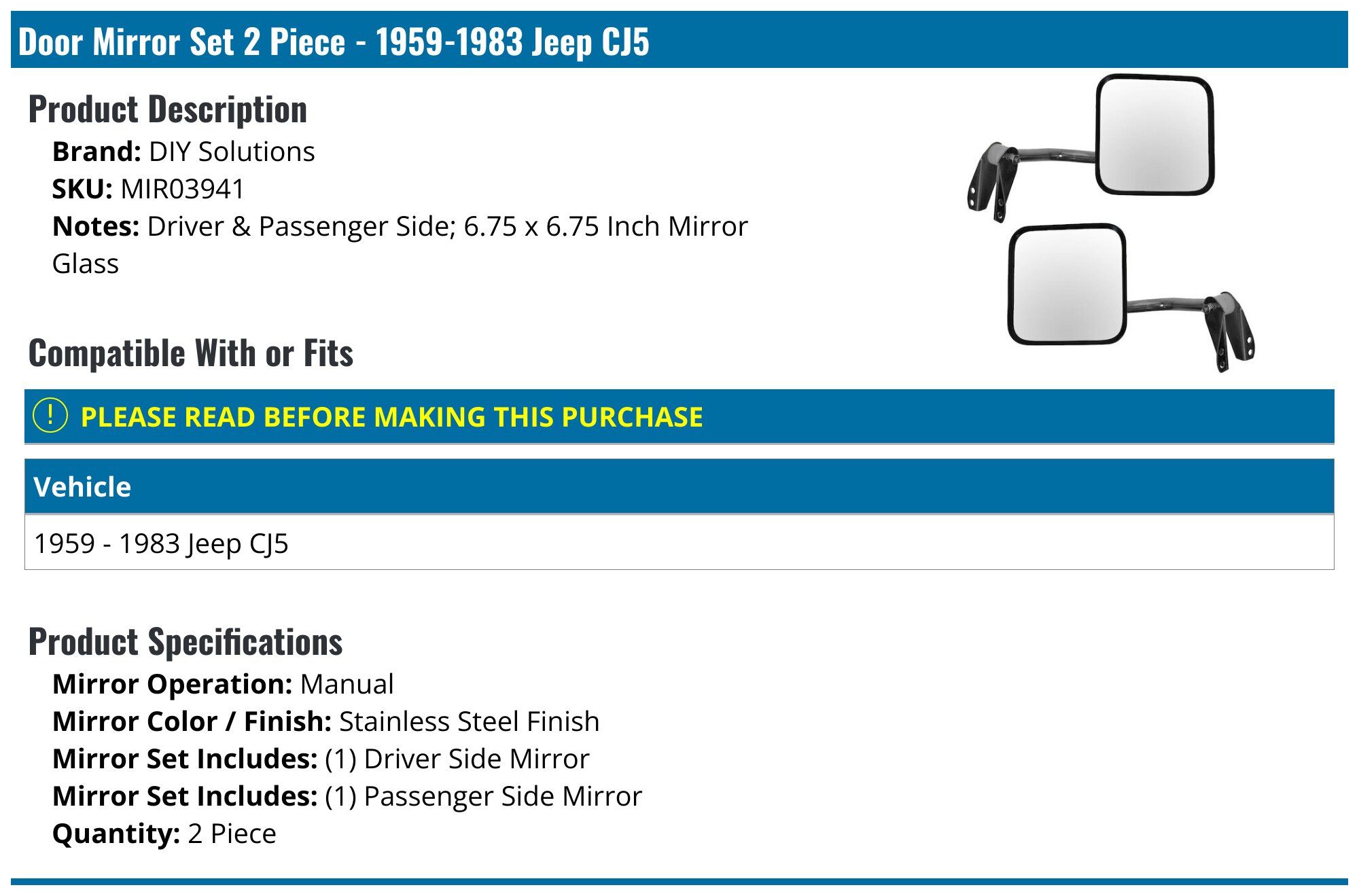 1959-1983 Jeep CJ5 Mirror - DIY Solutions MIR03941 - PartsGeek.com