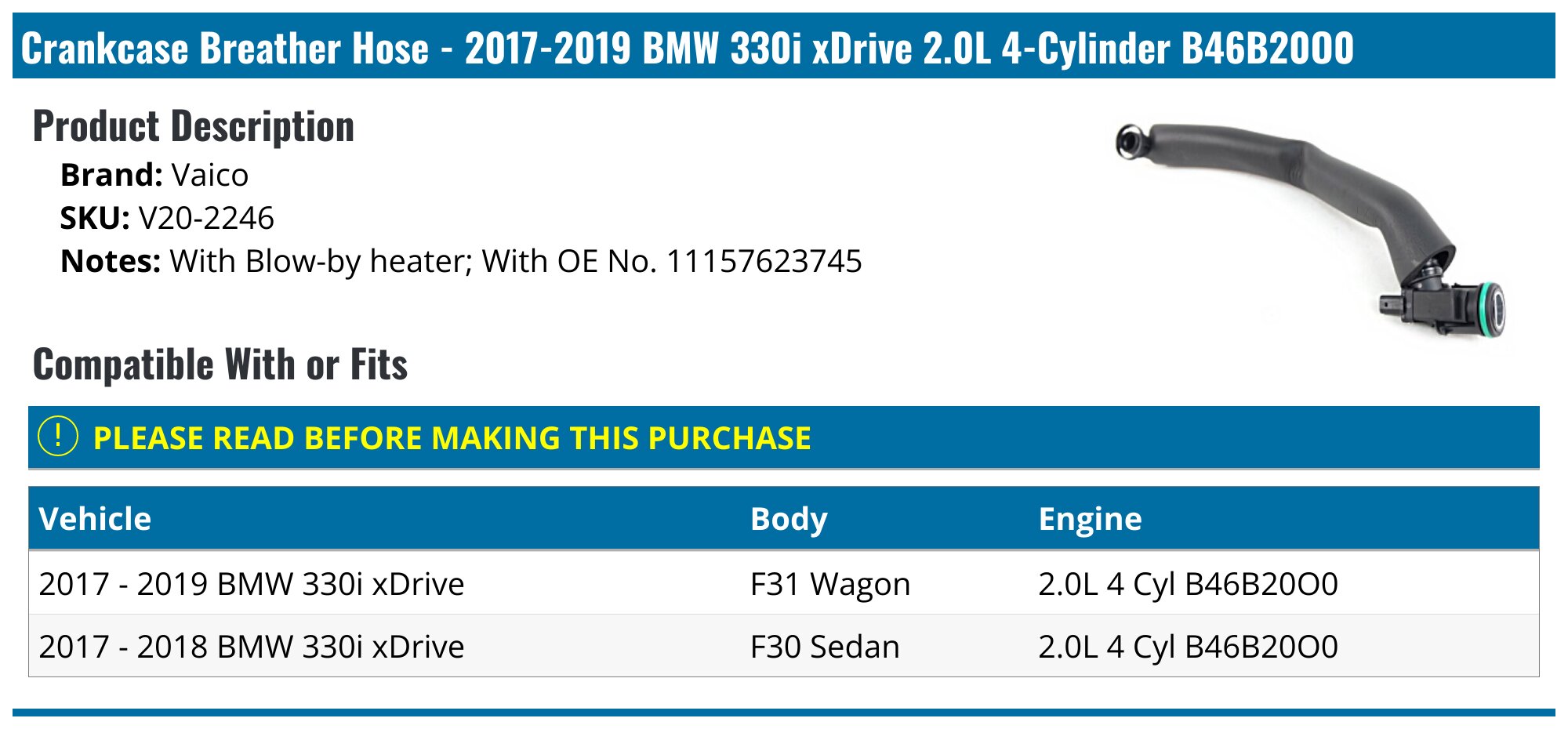 2017-2019 BMW 330i xDrive Breather Hose - Vaico V20-2246 - PartsGeek.com